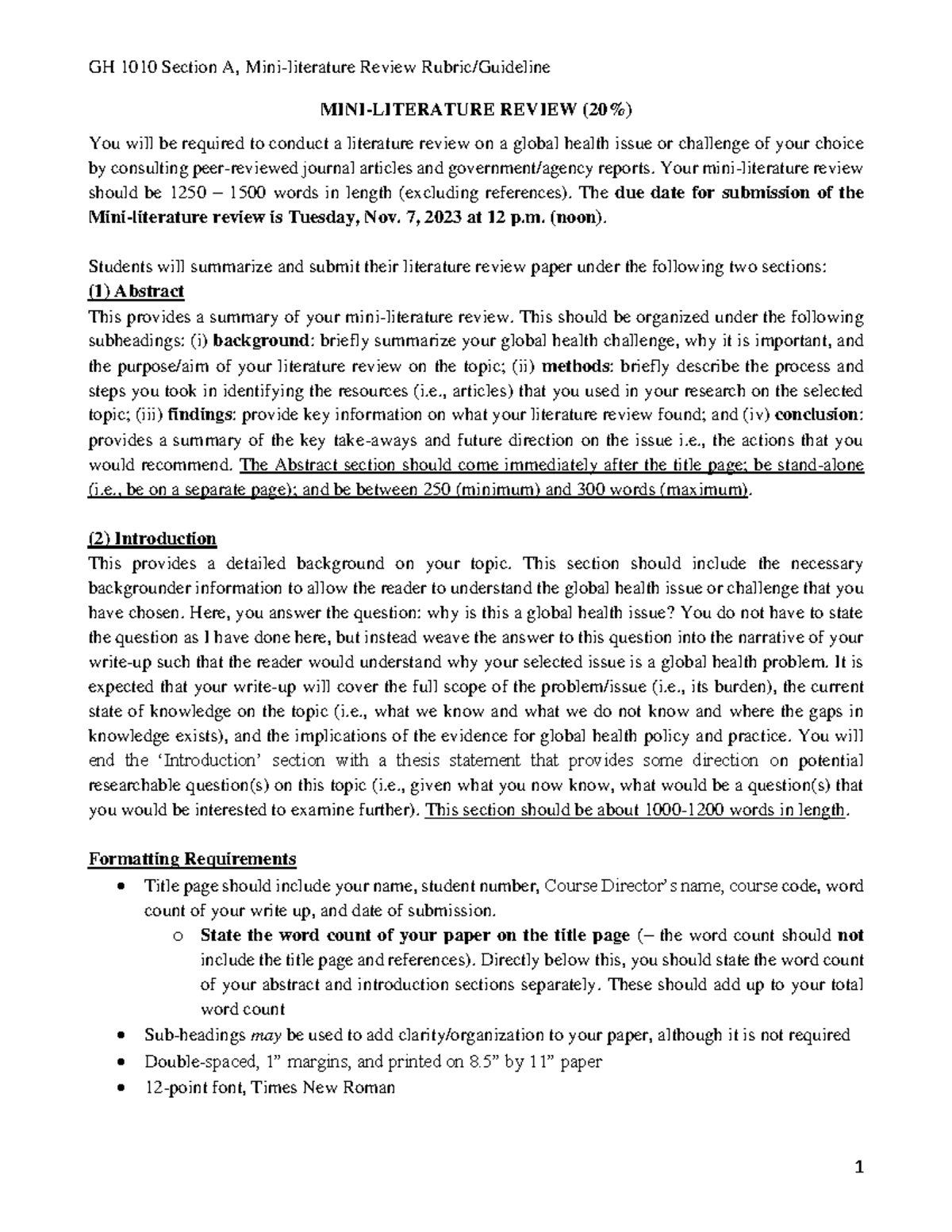 GH 1010 Mini-literature Review Rubric - GH 1010 Section A, Mini ...