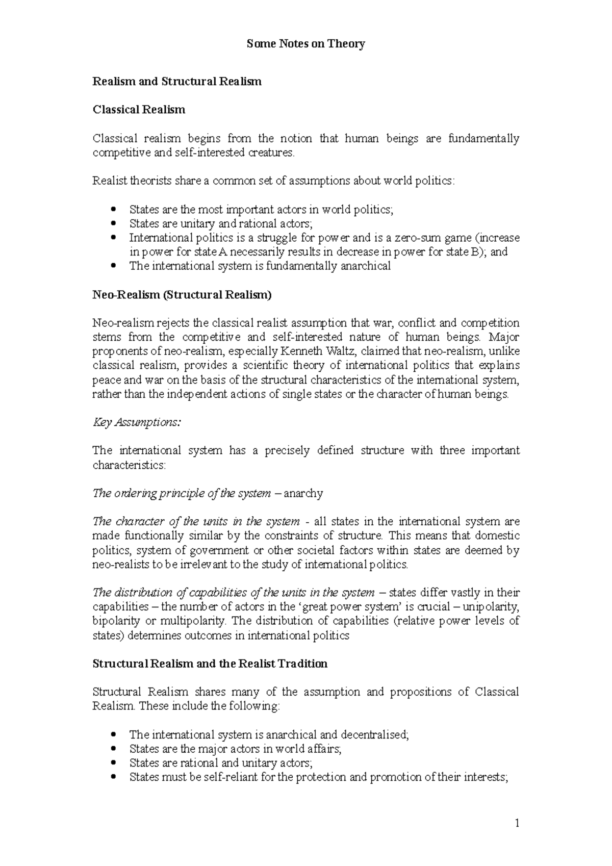 ARTS1810 Theory Info Sheet Realism And Structural Realism Classical