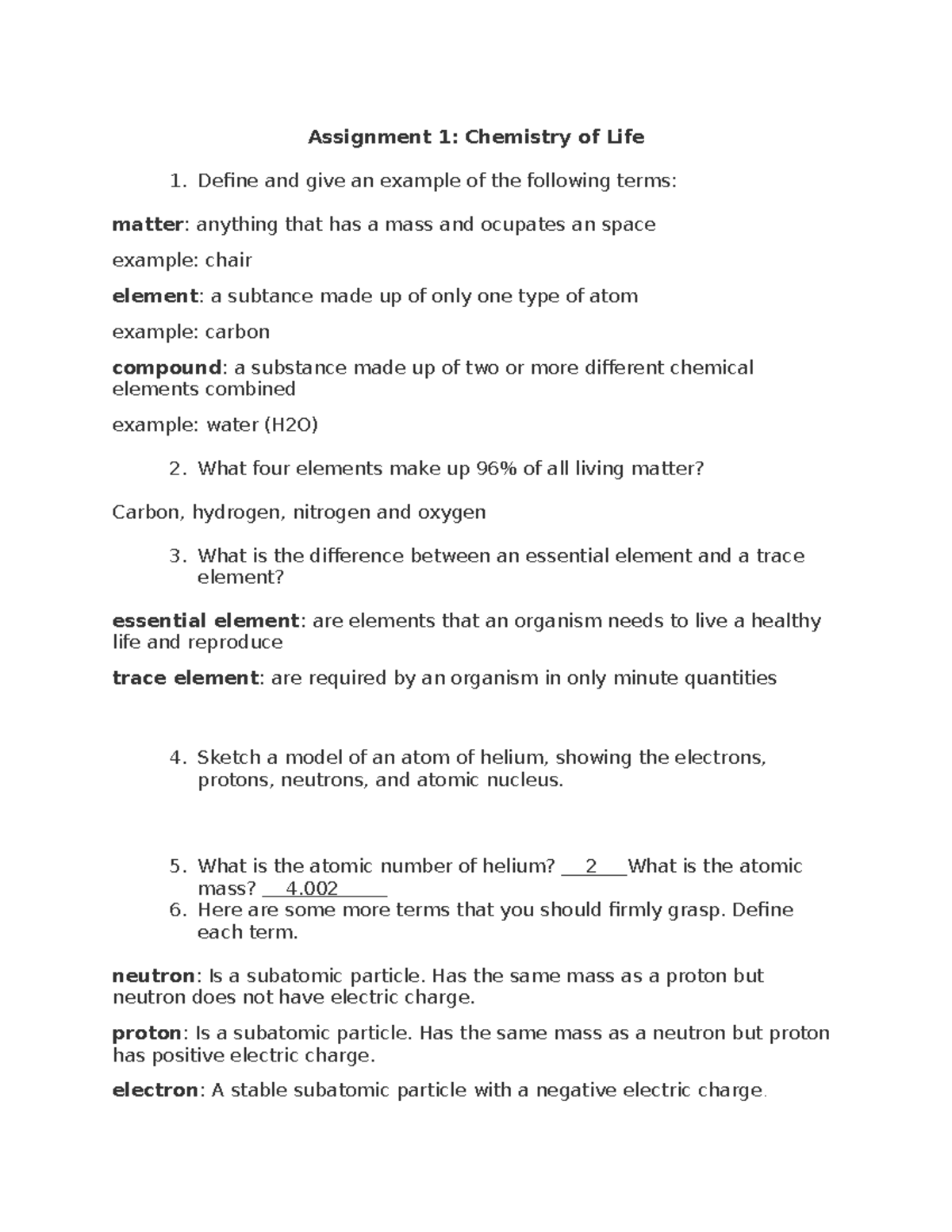 Assignment 1 - Bio 1500 - Assignment 1: Chemistry of Life Define and ...
