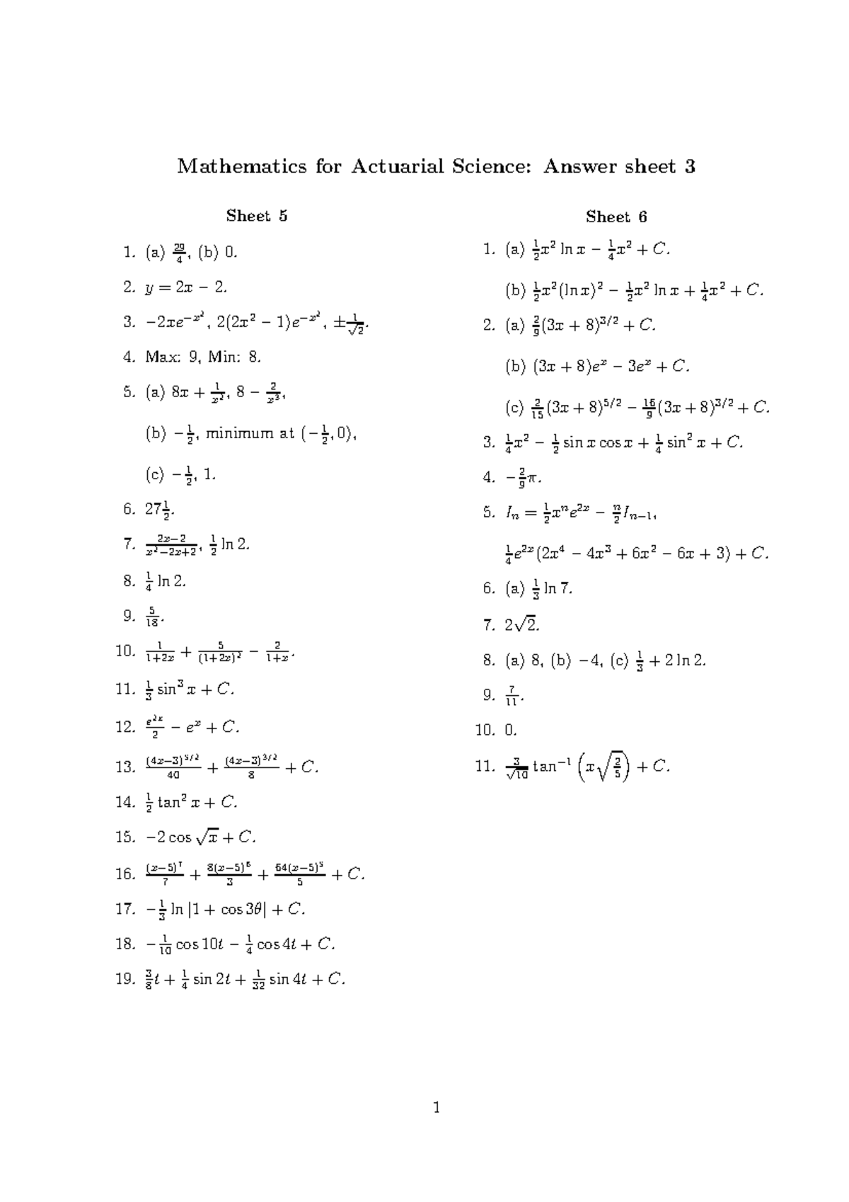 2009-2010 Exercise Sheet 5&6 - Answers - Mathematics for Actuarial ...