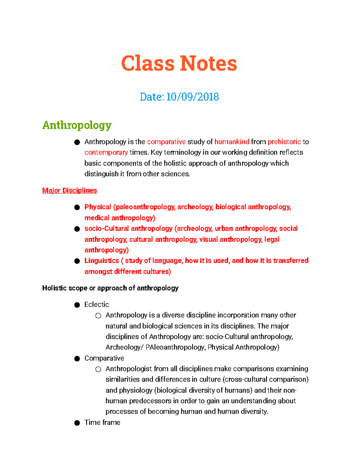 Class notes 10 09 - Class Notes Date: 10/09/ Anthropology Anthropology ...