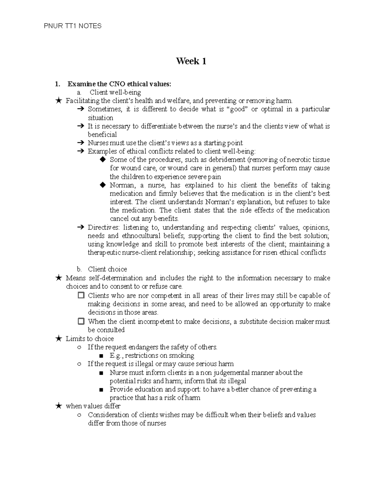 PPG TEST 1 Notes - Week 1 Examine the CNO ethical values: a. Client ...