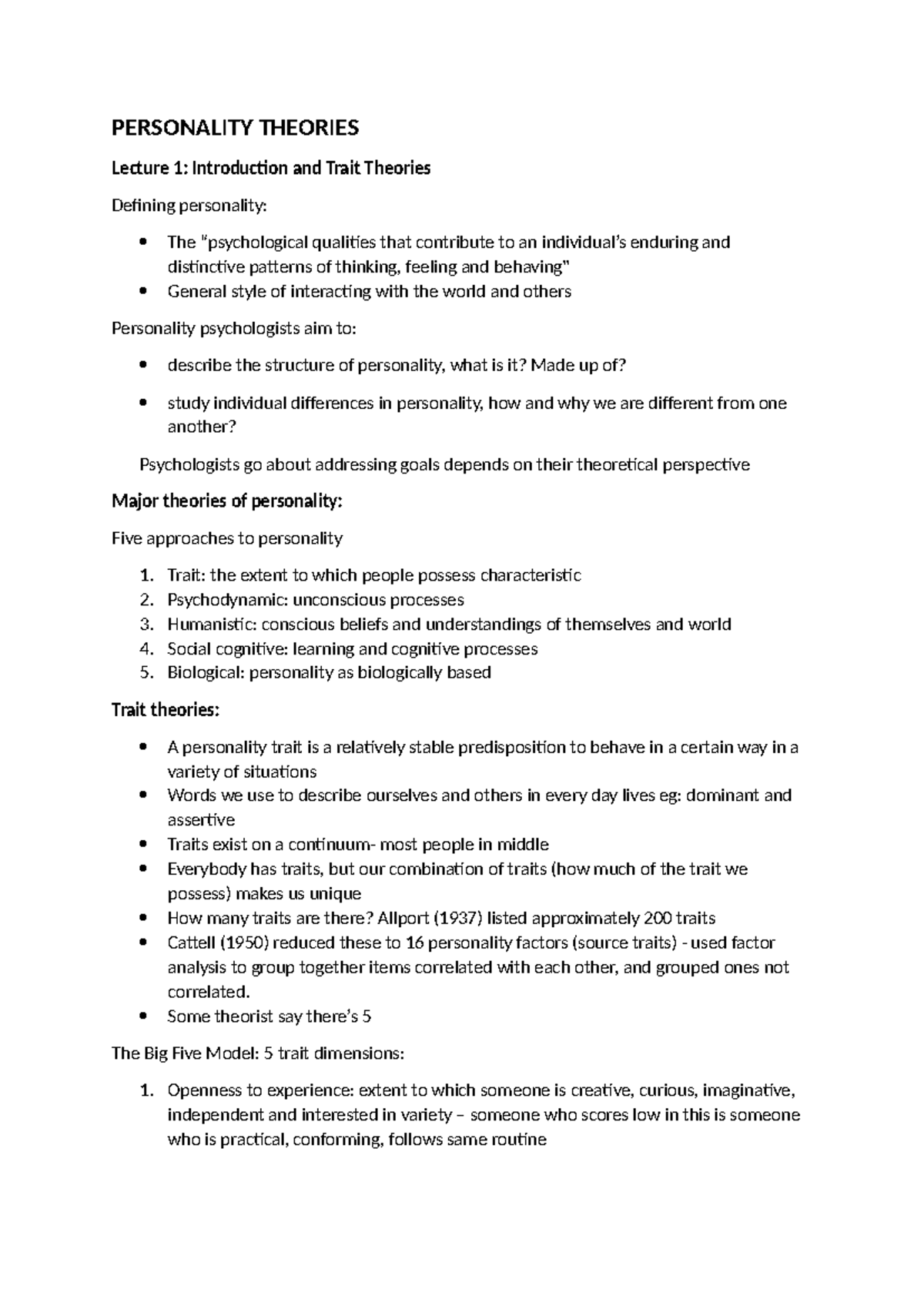 Personality theories - PERSONALITY THEORIES Lecture 1: Introduction and ...