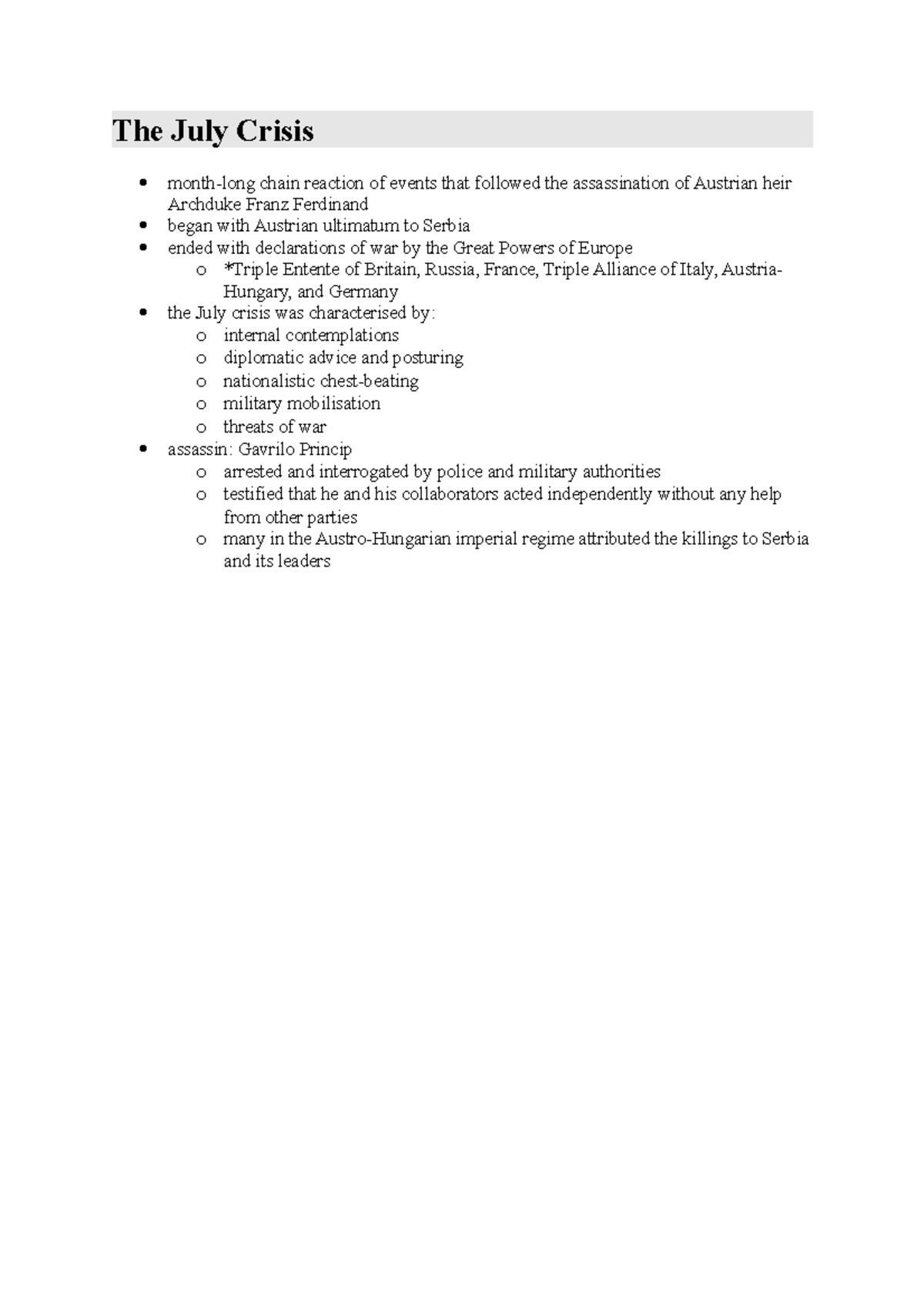 YR 11 Preliminary - Shaping the Modern World: WWI - The July Crisis ...