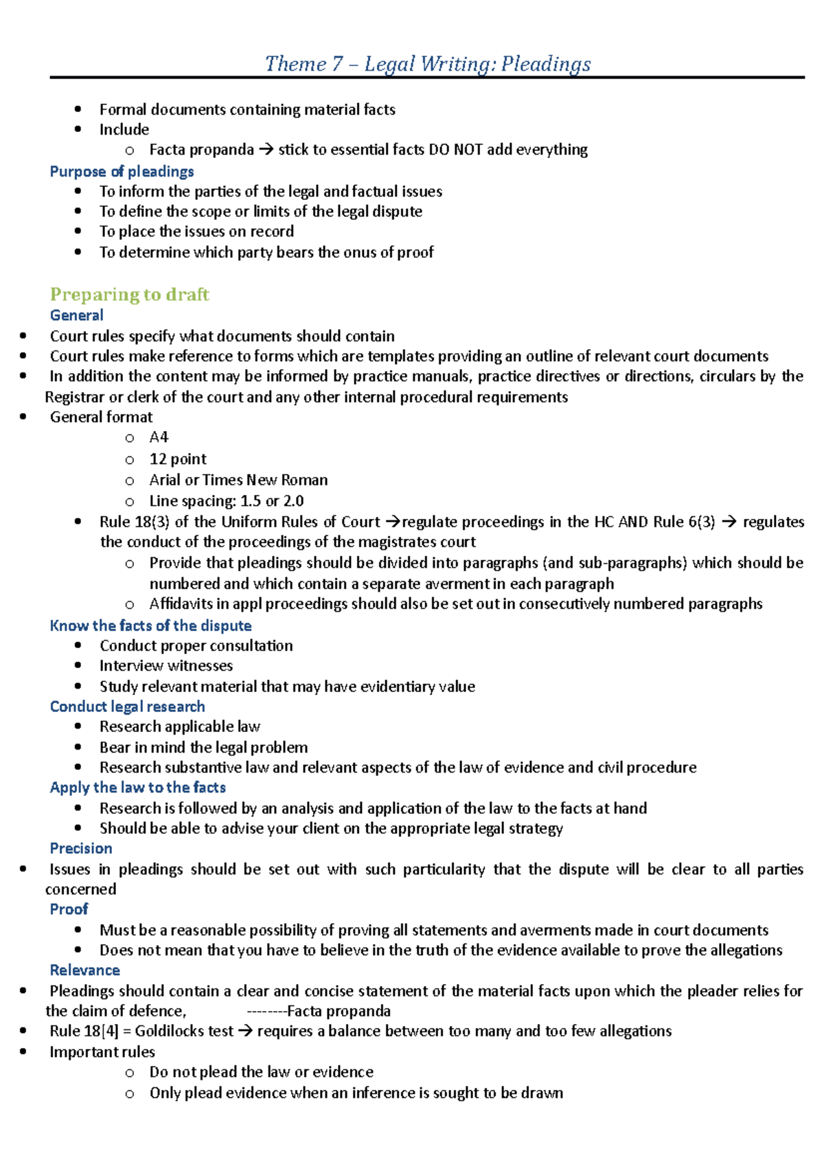 Theme 7 - Pleadings - Lecture notes 7 - Theme 7 – Legal Writing ...