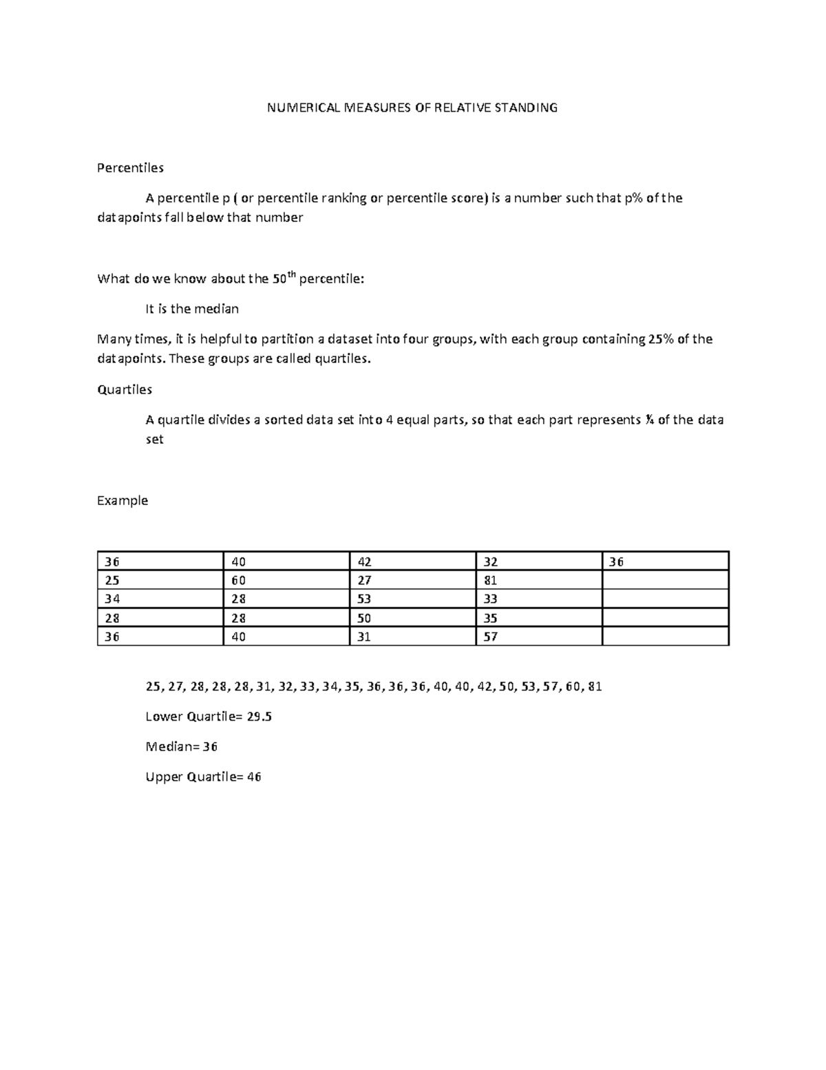 Numerical Measures Of Relative Standing Numerical Measures Of Relative Standing Percentiles A