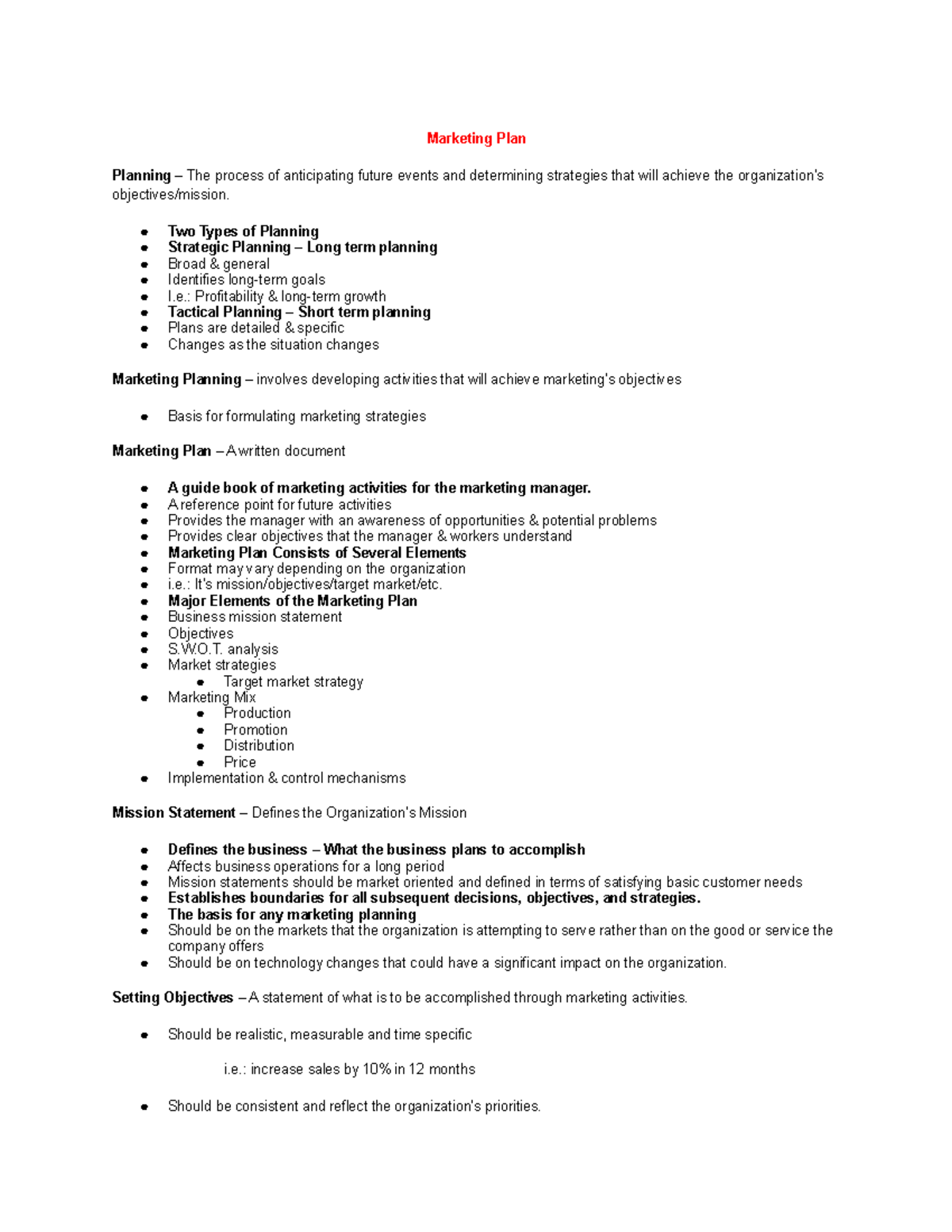 Marketing Plan - brief, concise, information used on tests and quizzes ...