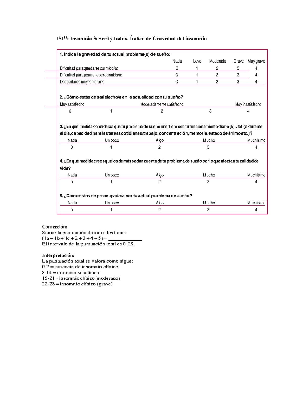 Test ISI - isi - ISI 81 : Insomnia Severity Index. Índice de Gravedad ...