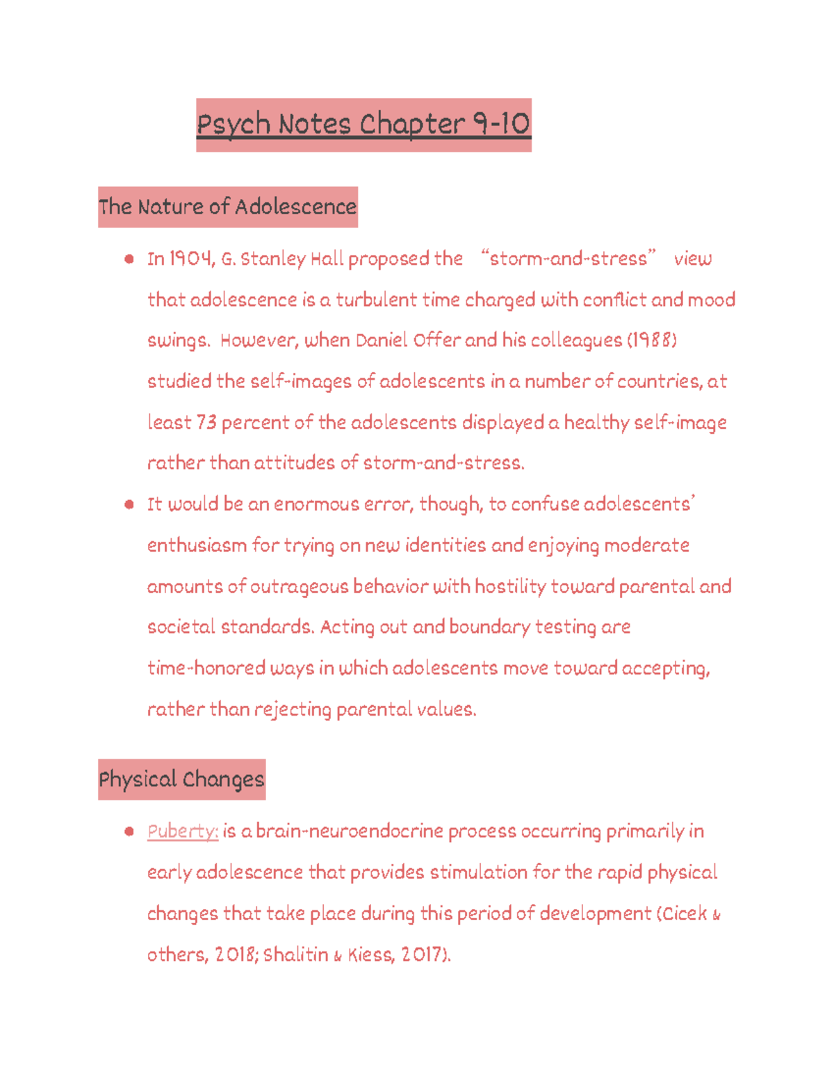 Psych Notes Chapter 9 - Stanley Hall proposed the “storm-and-stress ...