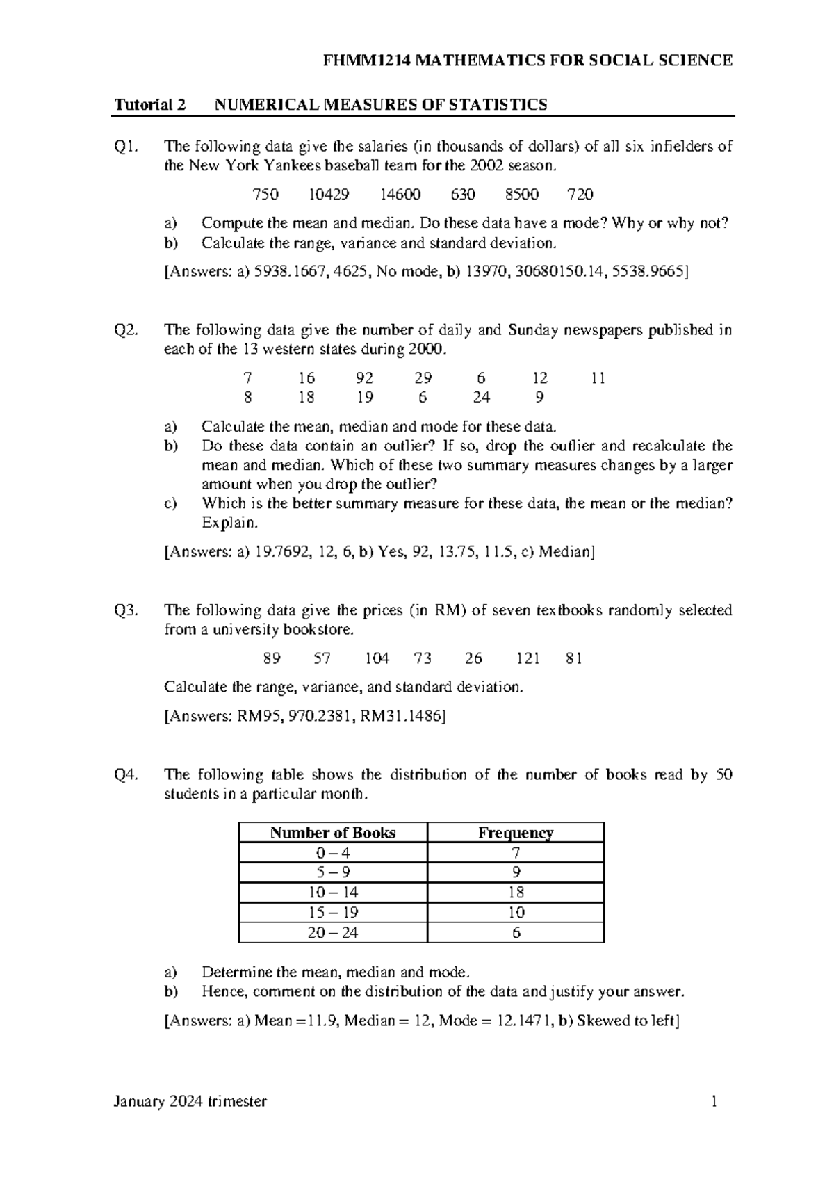 Tutorial 2 practice - FHMM1214 MATHEMATICS FOR SOCIAL SCIENCE January 2024 trimester 1 Tutorial ...