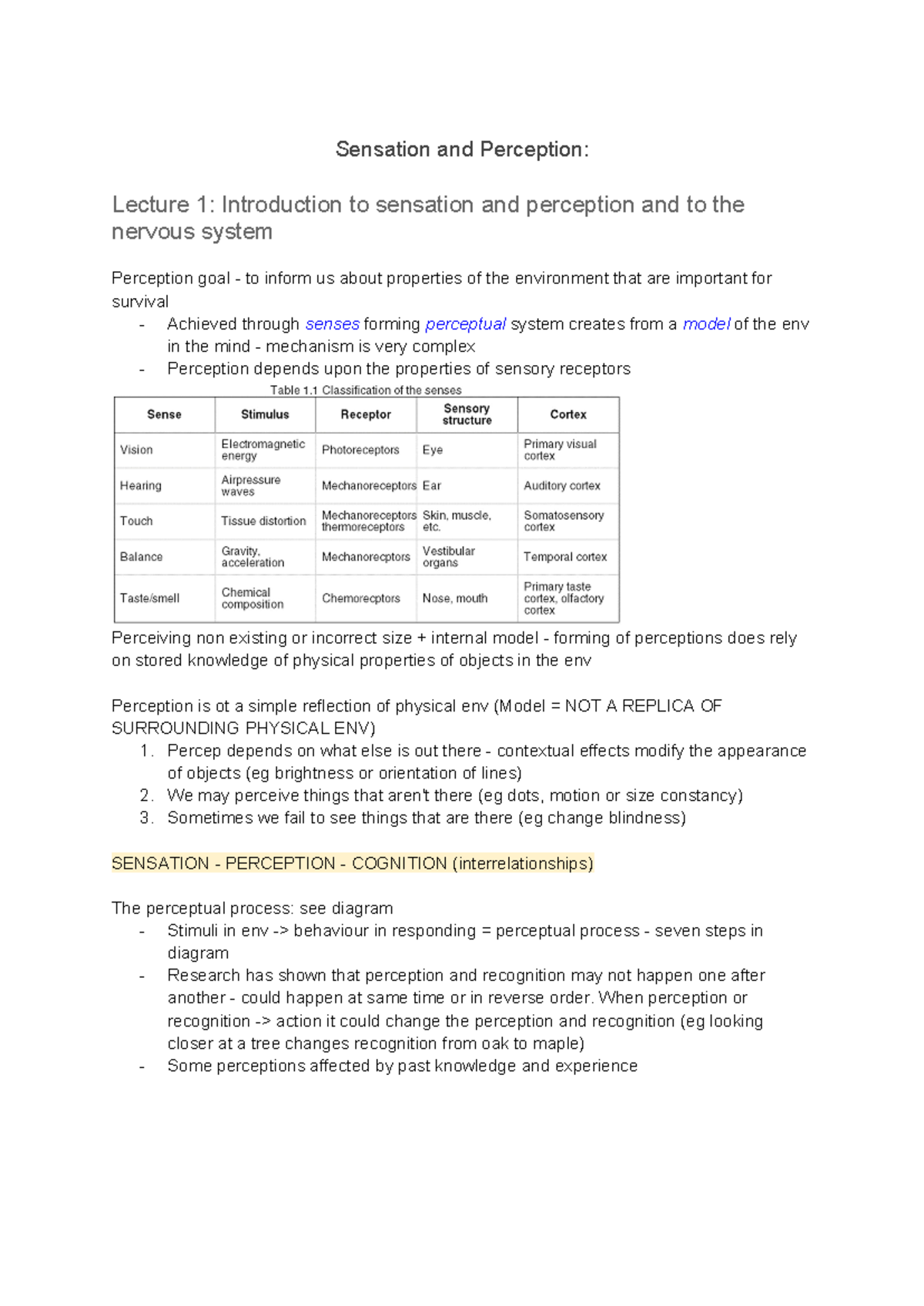 Copy of sensations and perceptions - Sensation and Perception: Lecture ...