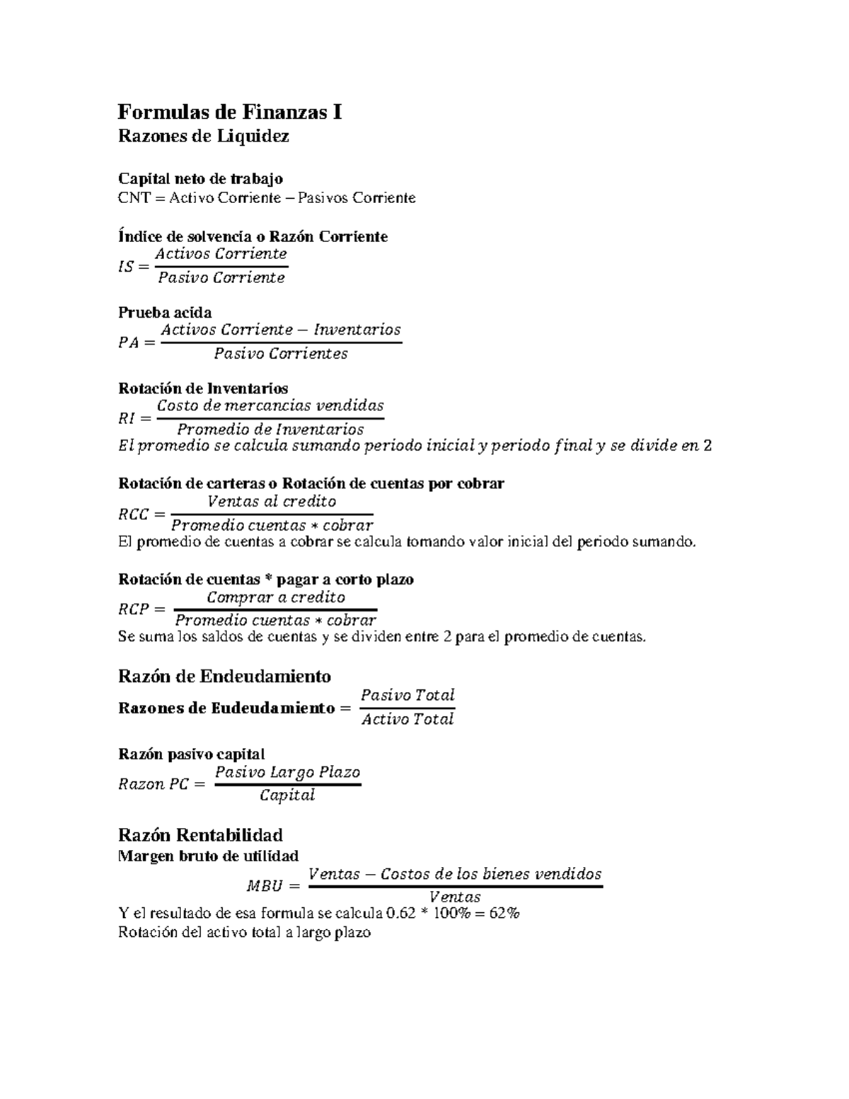 Formulas de Finanzas I-1 - Formulas de Finanzas I Razones de Liquidez ...