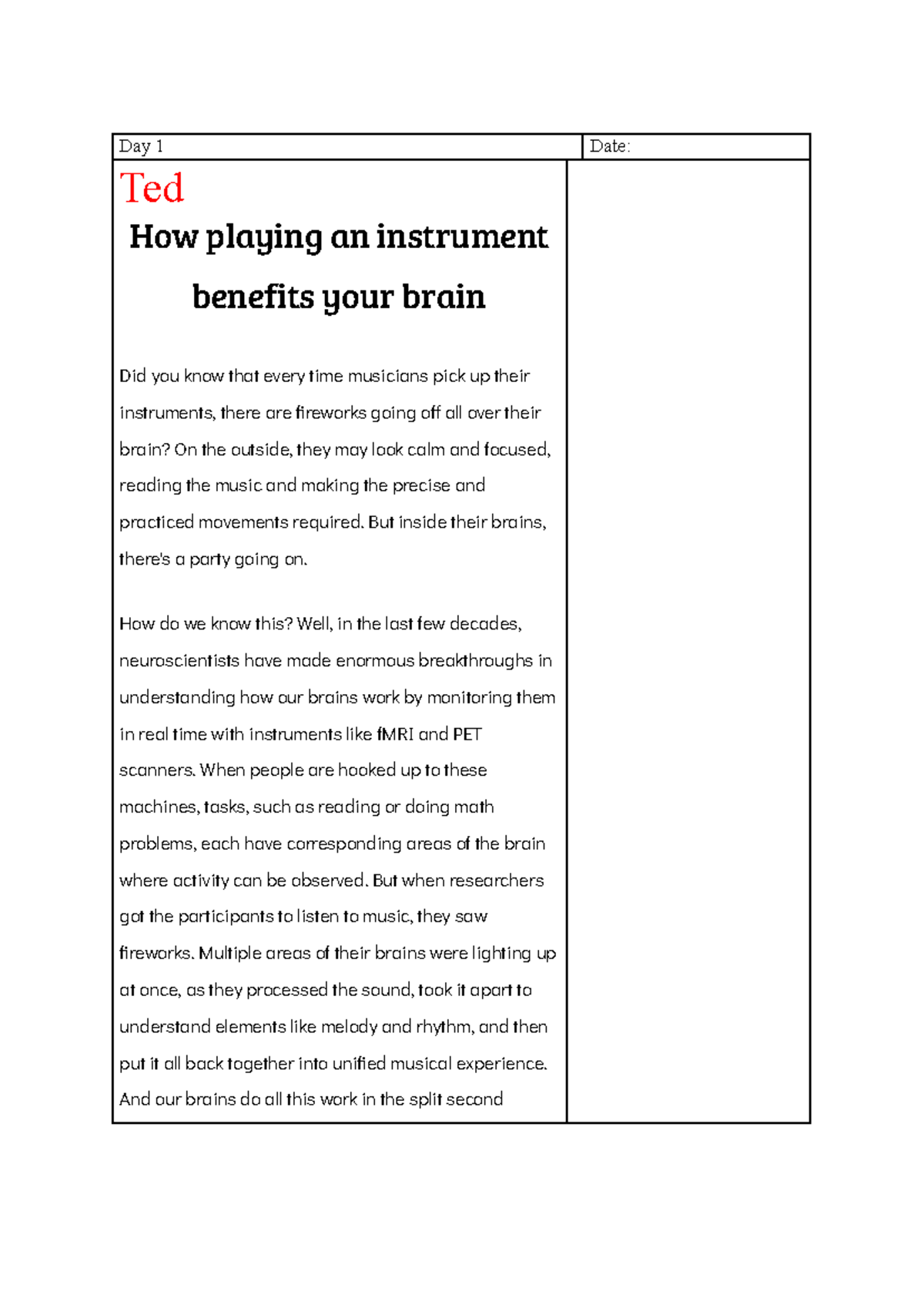 Ted 1 - ted - Day 1 Date: Ted How playing an instrument benefits your ...