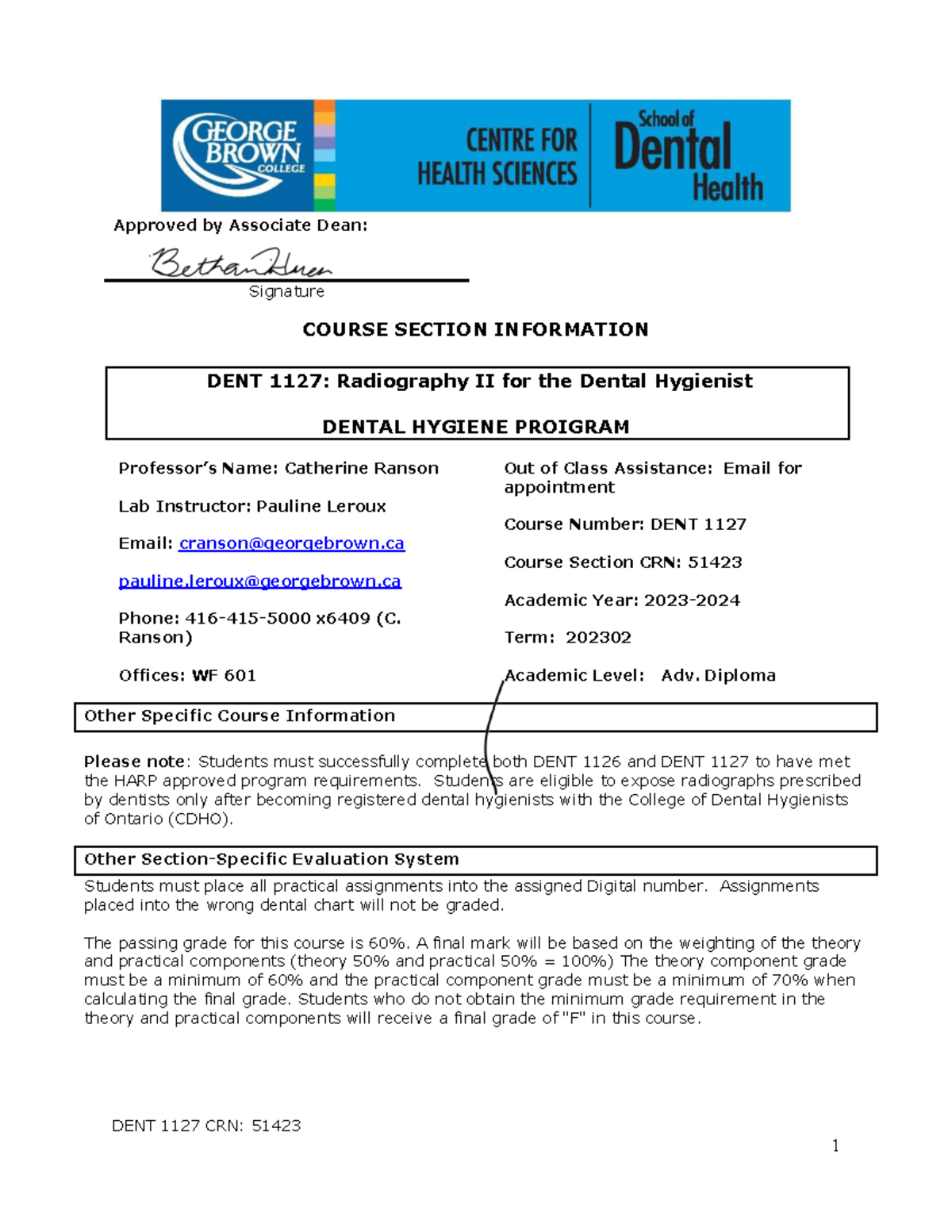 DENT 1127 202302 CSI Final - DENT 1127 CRN: 51423 Approved by Associate ...