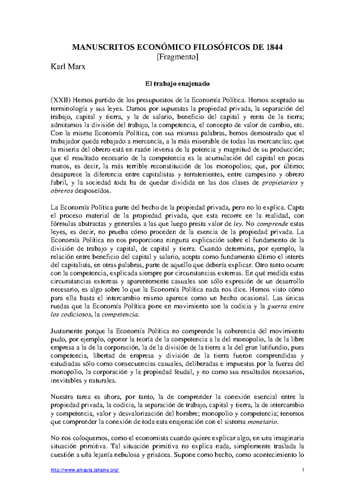 Marx, Karl - manuscritos 1844 el trabajo enajenado - MANUSCRITOS ...