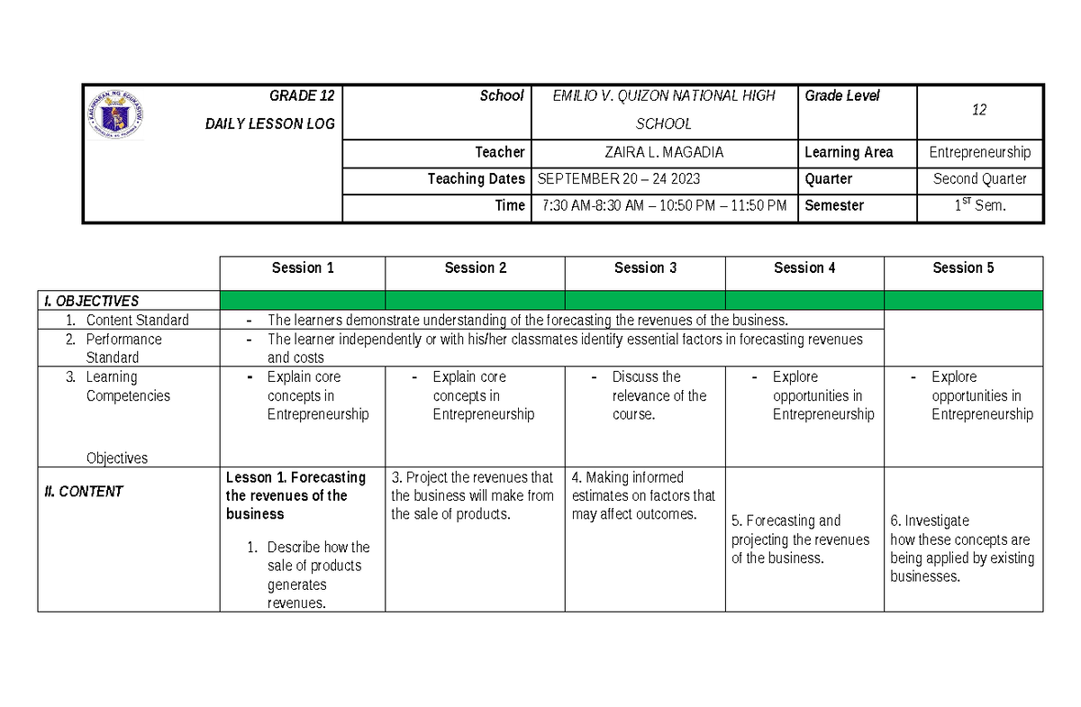 ENTREP DLL week 2 - GRADE 12 DAILY LESSON LOG School EMILIO V. QUIZON ...