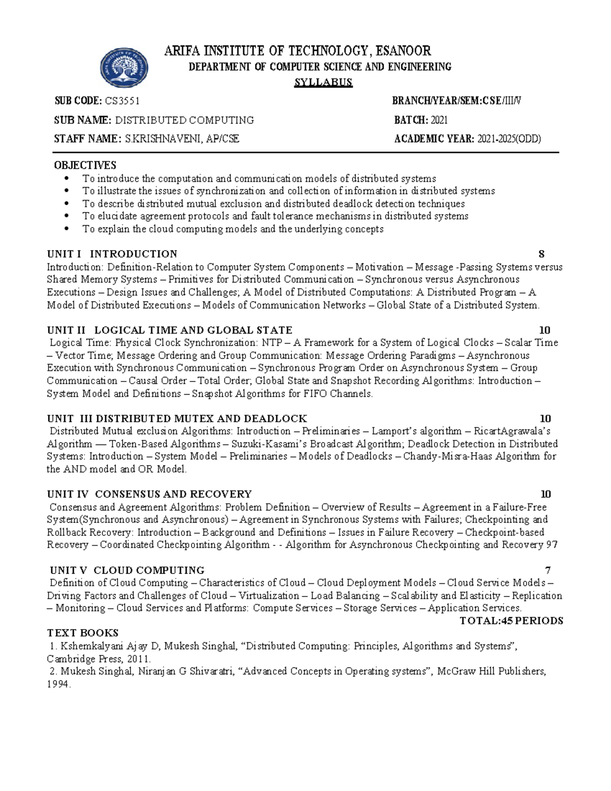 DS syllabus - useful - ARIFA INSTITUTE OF TECHNOLOGY, ESANOOR ...