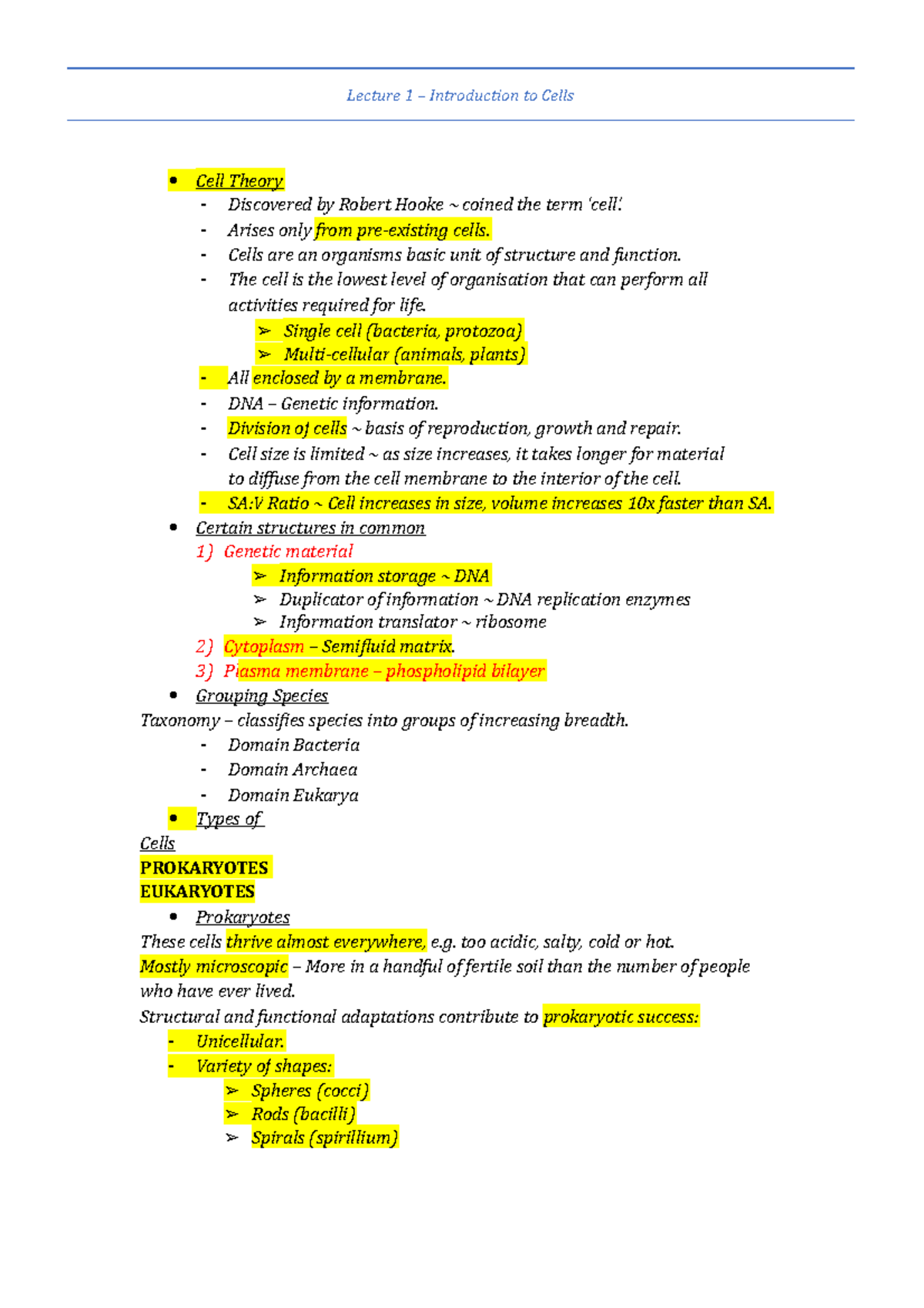 Lecture 1 - Lecture 1 – Introduction to Cells - Cell Theory ...
