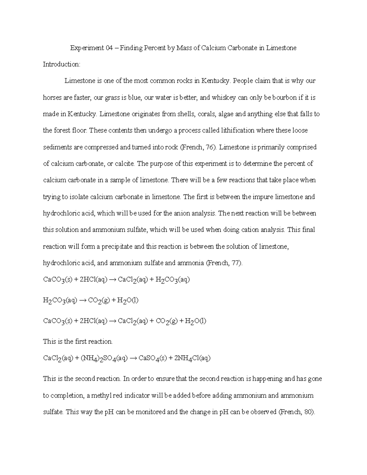 Lab Report 04 CHE 111 - Experiment 04 – Finding Percent by Mass of ...