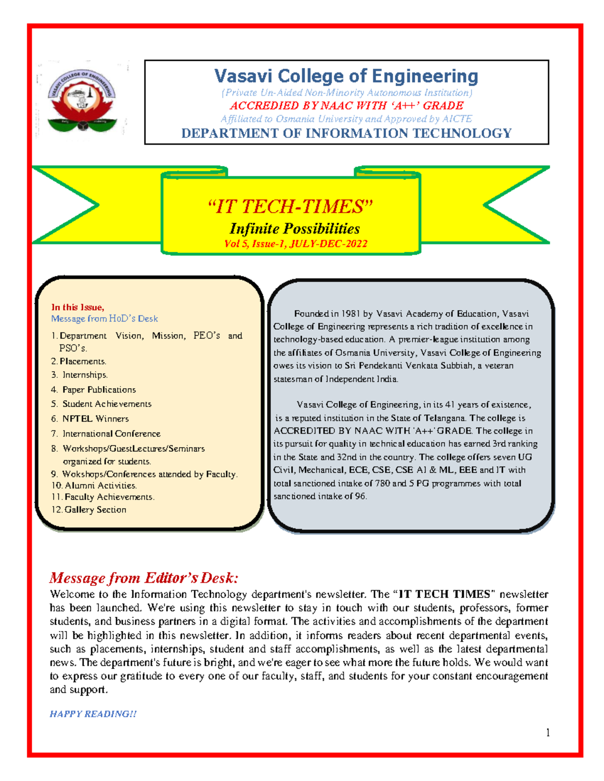 Volume 5 Issue 1 2022 - In this Issue, Message from HoD’s Desk ...