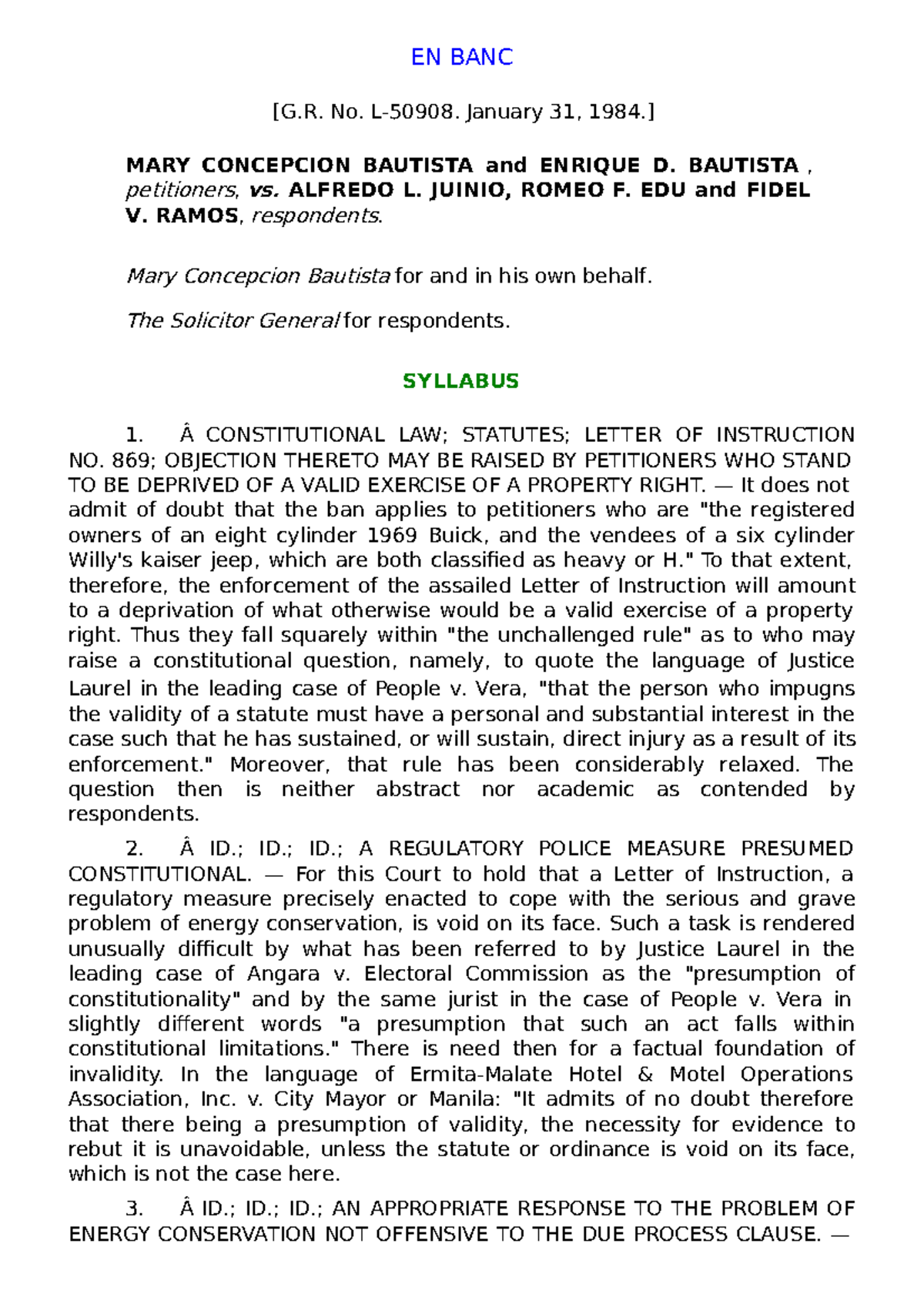 Bautista v. Juinio - none - EN BANC [G. No. L-50908. January 31, 1984 ...