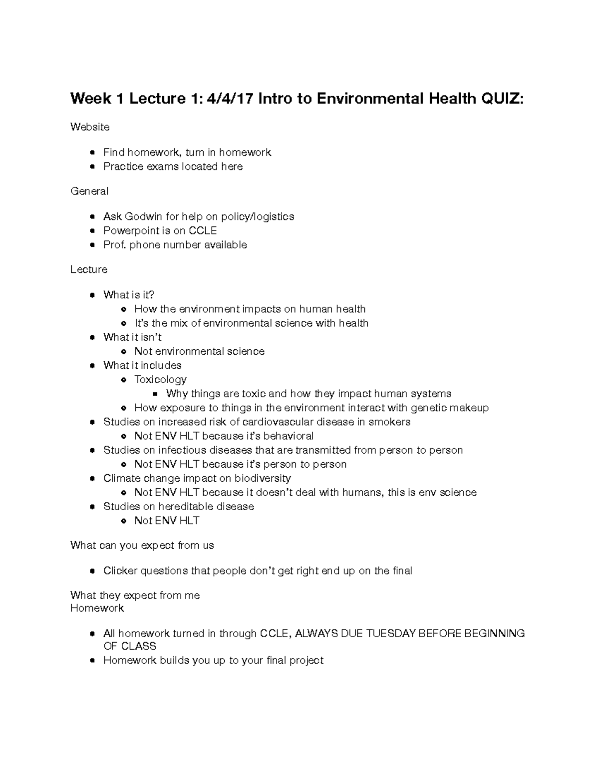 Env Hlt 100 Week 1 Lecture 1 Lecture Notes Week 1 Lecture 1 4417 Intro To Environmental