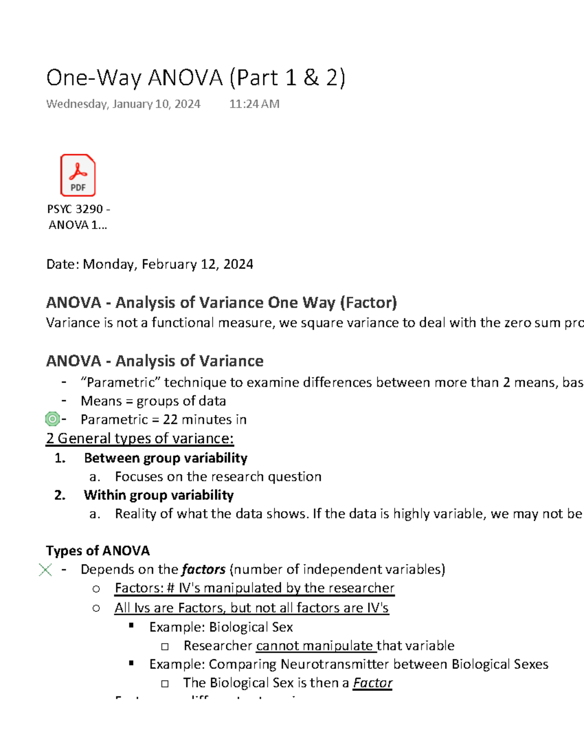 One-Way Anova (Part 1 & 2) - PSYC 3290 - ANOVA 1... Date: Monday, February 12, 2024 ANOVA ...