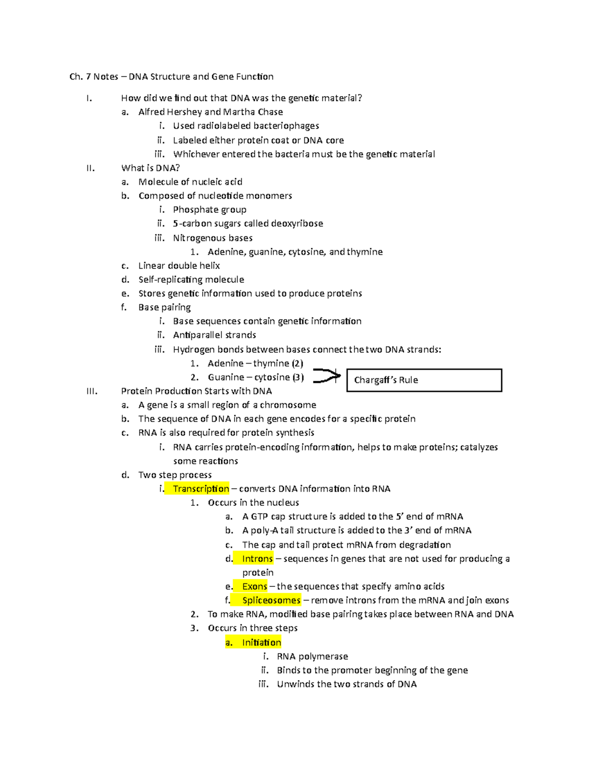 Ch. 7 notes - anderson - Ch. 7 Notes – DNA Structure and Gene Function ...