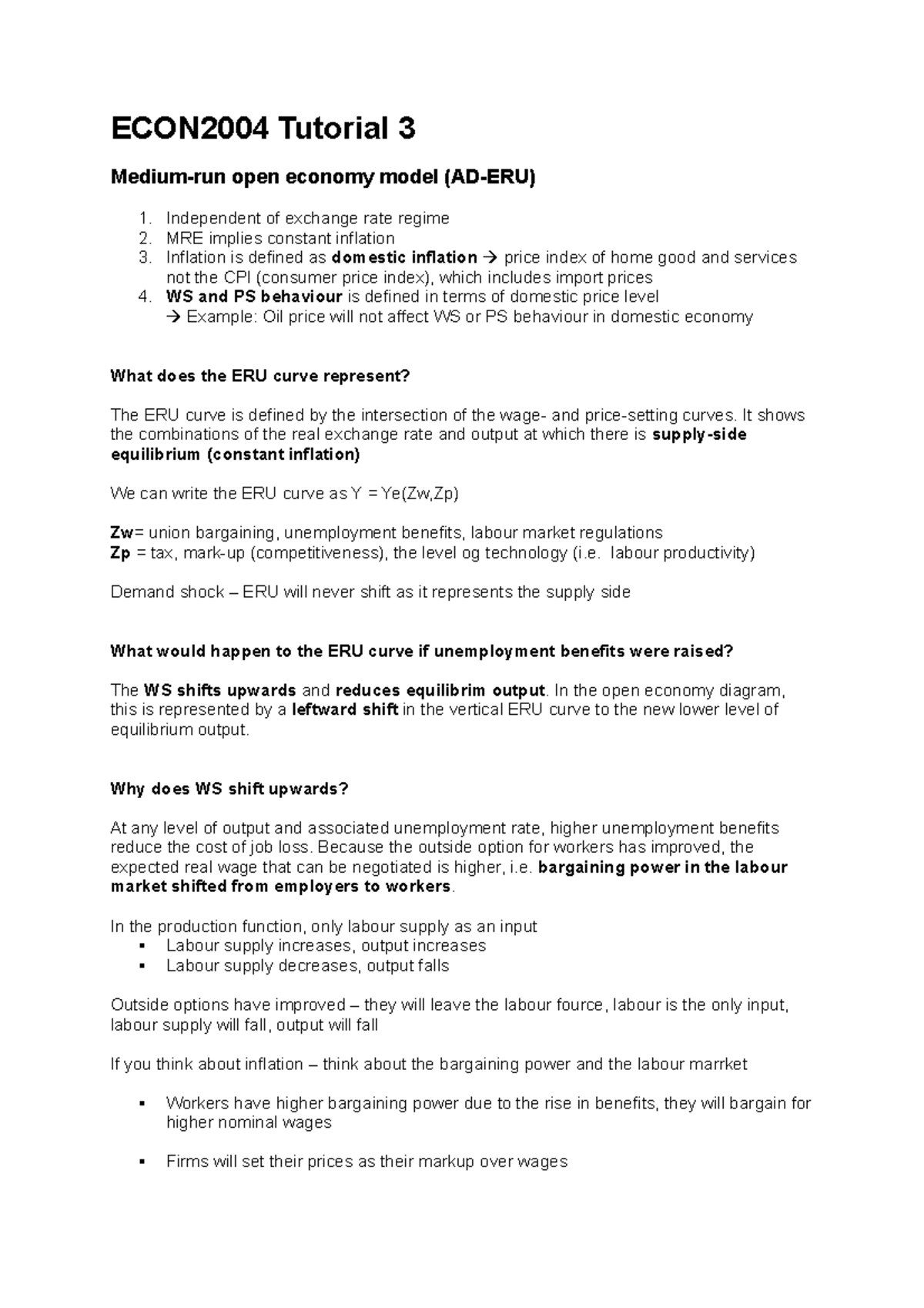 ECON2004 Term 2 Tutorial 2 - ECON2004 Tutorial 3 Medium-run open economy model (AD-ERU ...