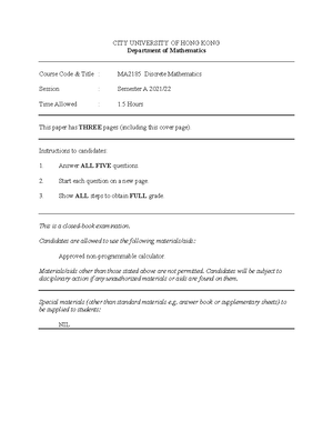 Discrete Mathematics - MA2185 - CityU - Studocu