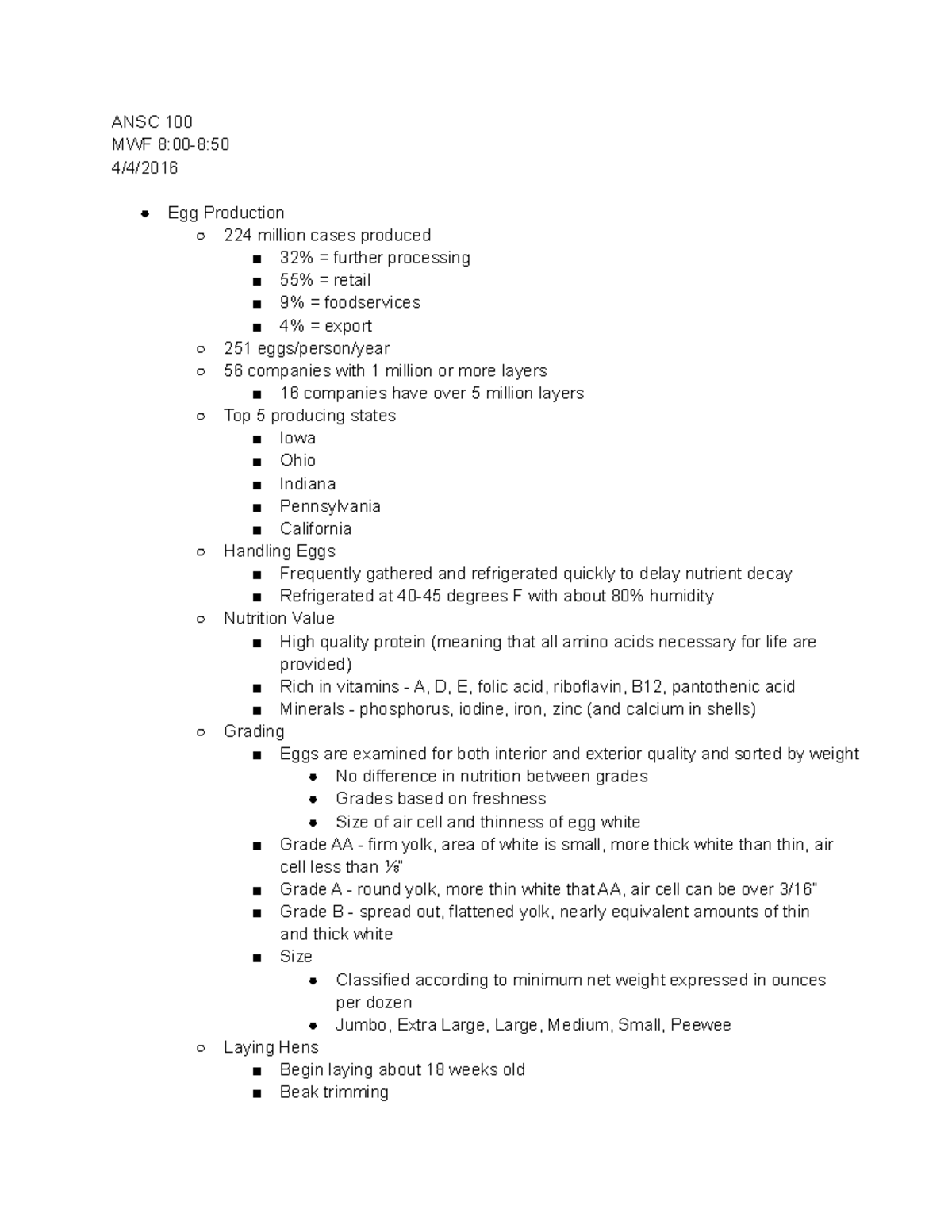ANSC100_Lecture25 - ANSC 100 MWF Egg Production 224 million cases ...