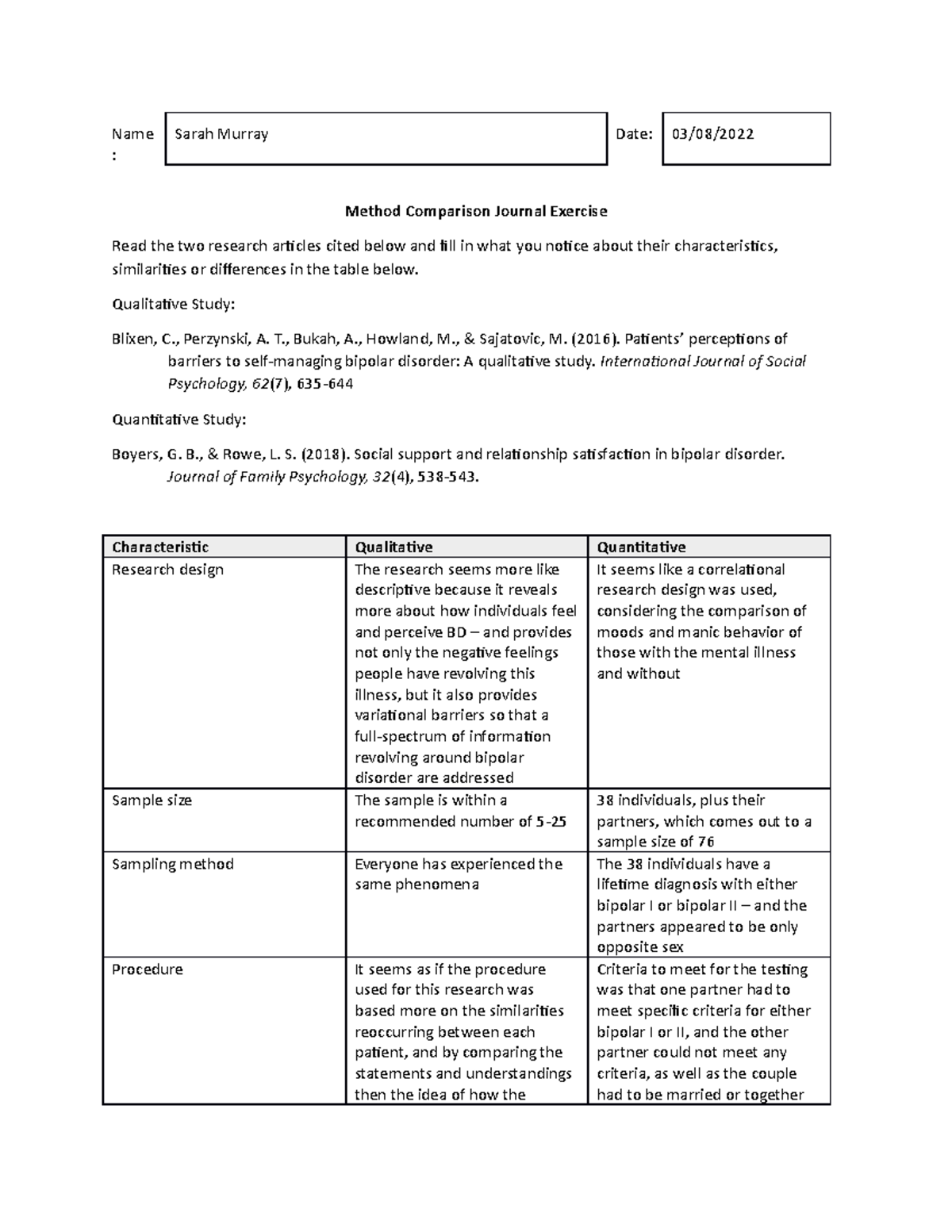Method Comparison Journal Exercise Form Completed Name Sarah