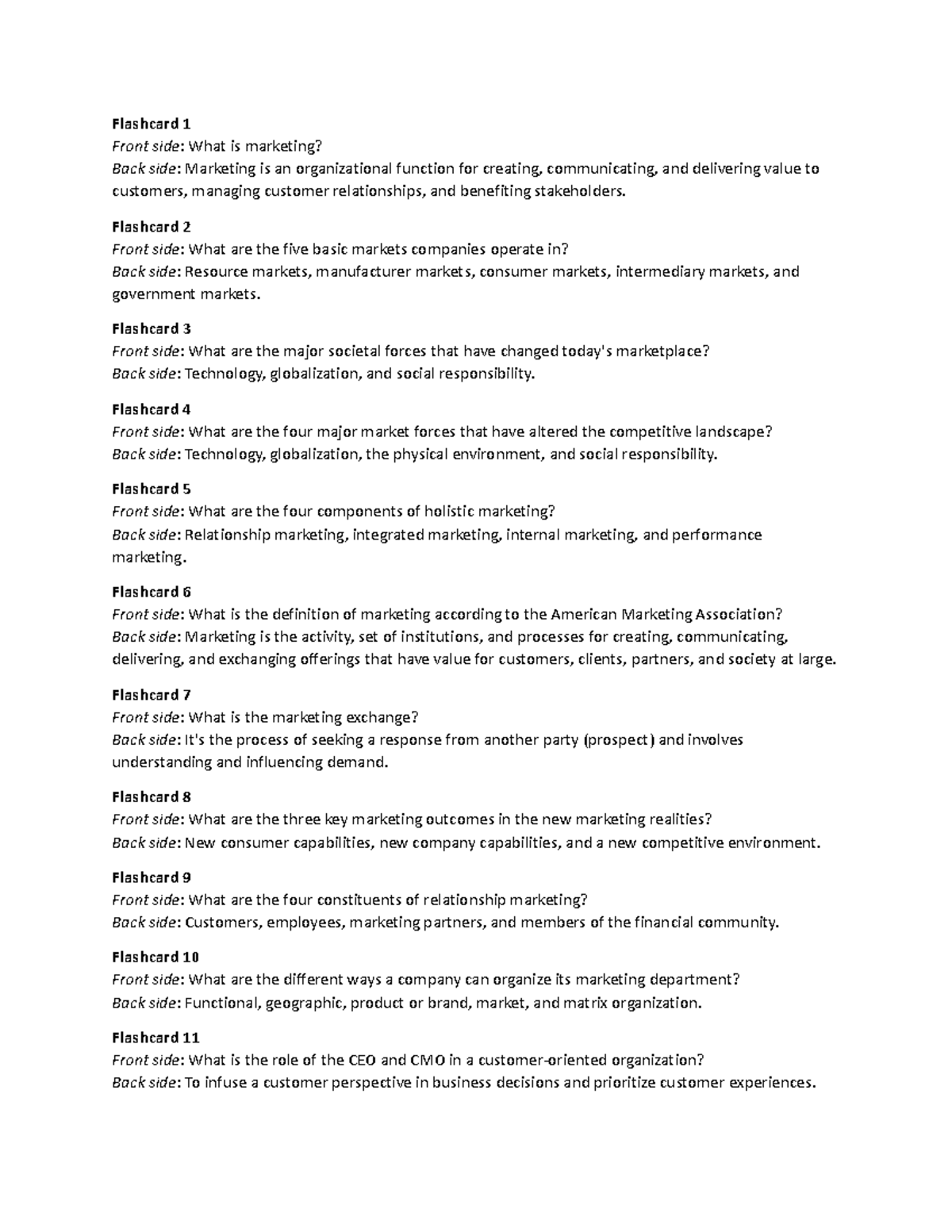 Flashcards - marketing - Flashcard 1 Front side: What is marketing ...