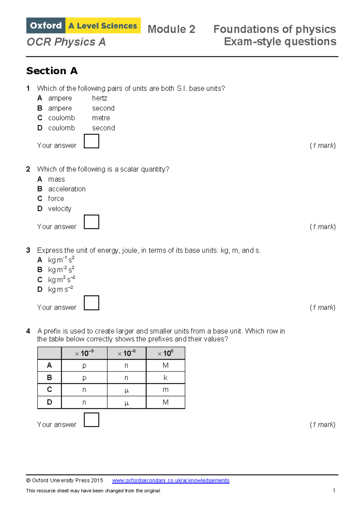 Chapter 2 Test - Practice Questions from OCR Textbook - OCR Physics A ...