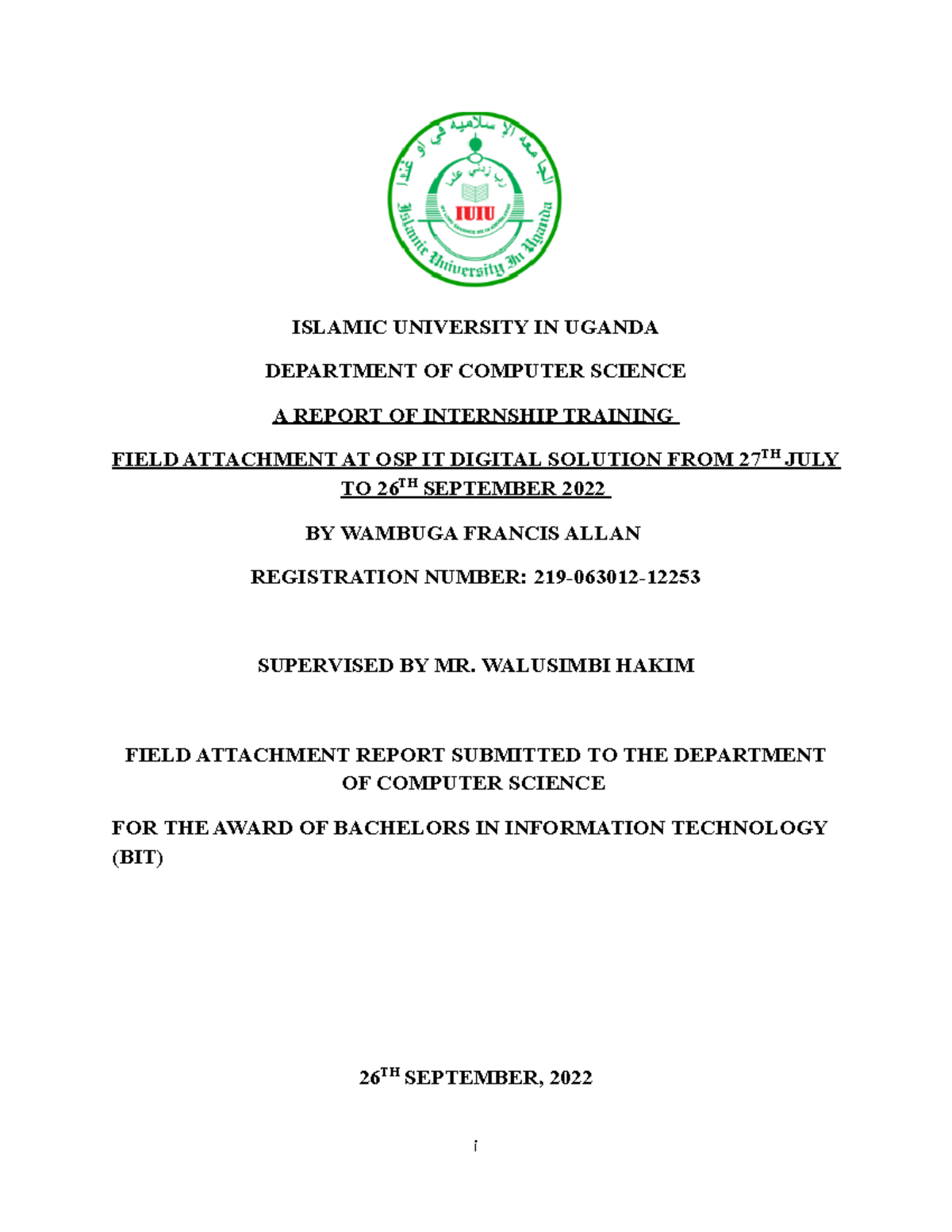 Internship 2 - ONE - ISLAMIC UNIVERSITY IN UGANDA DEPARTMENT OF ...