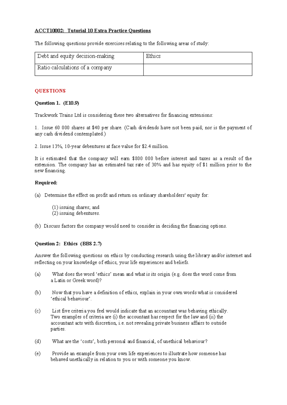 ACCT10002 Tutorial 11 Extra Practice Questions and Solutions ...