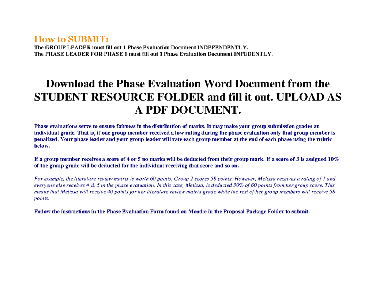 Phase Self Evaluation Tool - How to SUBMIT: The GROUP LEADER must fill out 1 Phase Evaluation ...