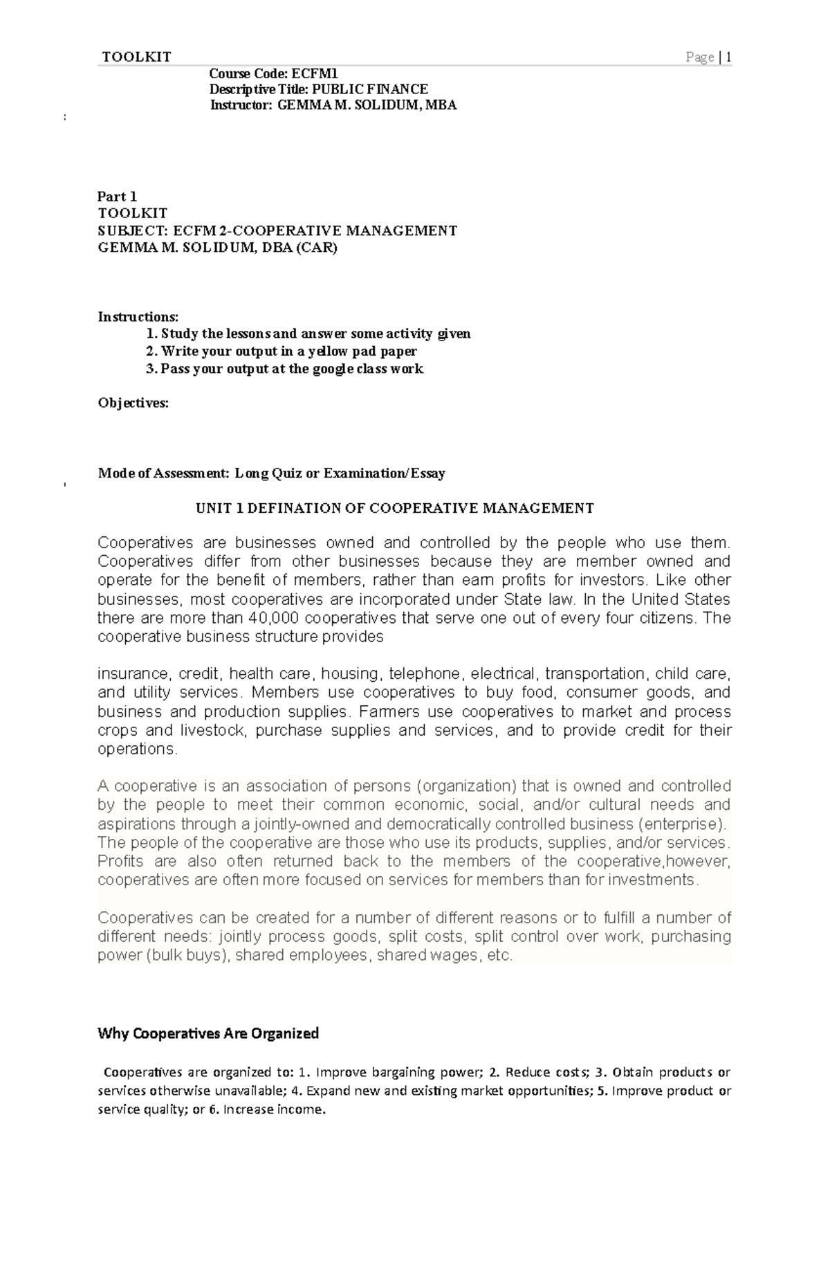 TOOL KIT ON Cooperative Management - Course Code: ECFM Descriptive ...