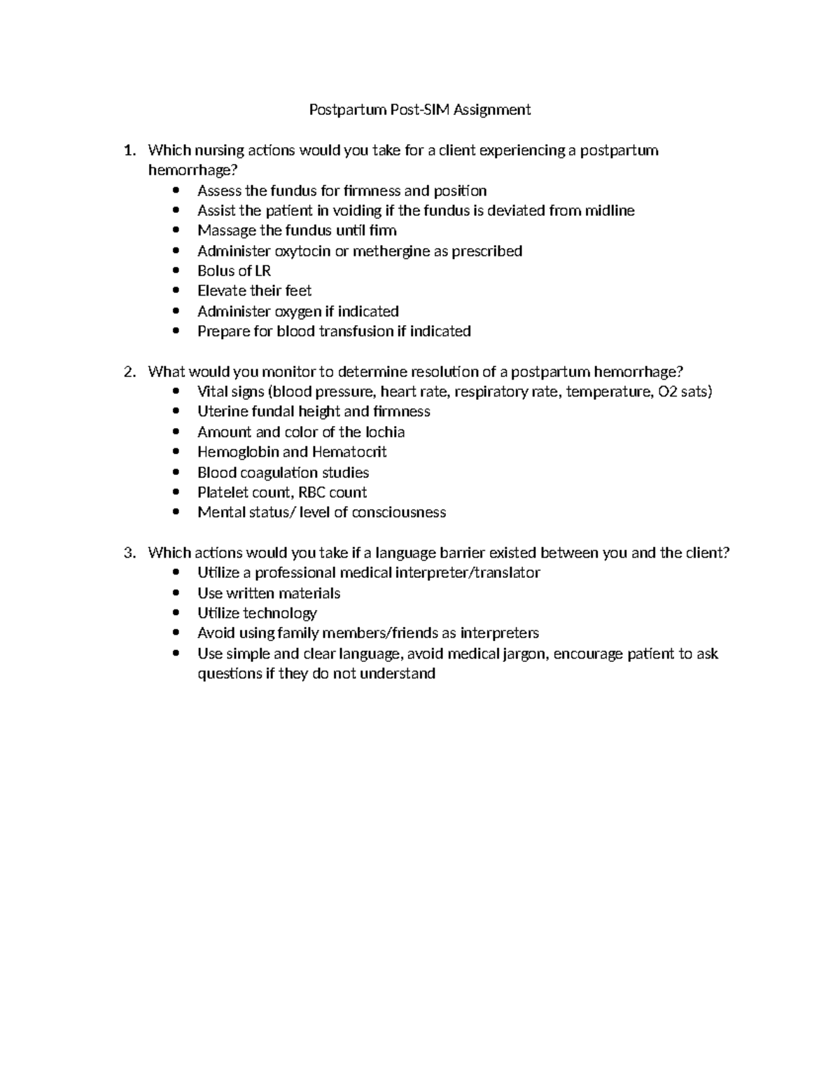 Postpartum Post-SIM - Post SIM assignment- unit 4 - Postpartum Post-SIM ...