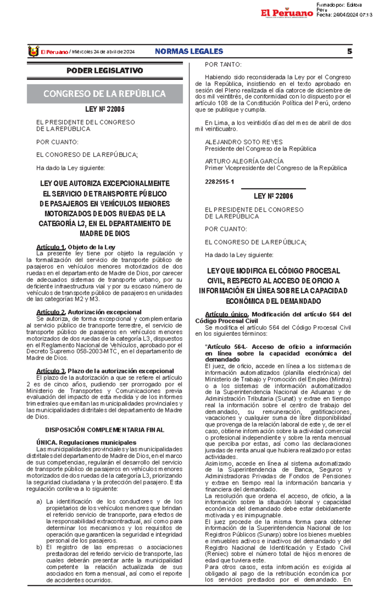 Ley 32006 -detallado - El Peruano /Miércoles 24 de abril de 2024 NORMAS LEGALES 5 PODER ...