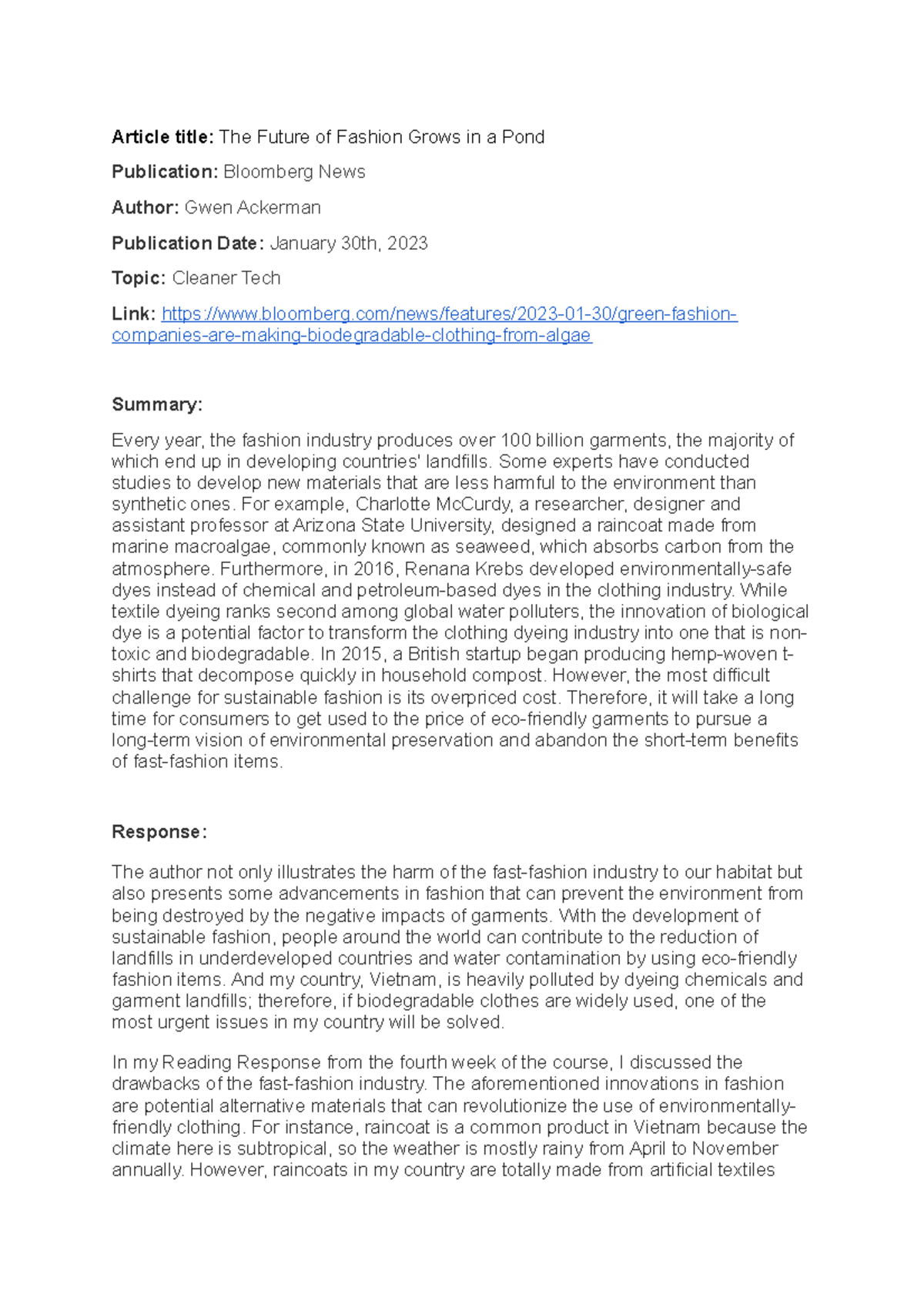 Reading Response Week 7 - Article title: The Future of Fashion Grows in ...