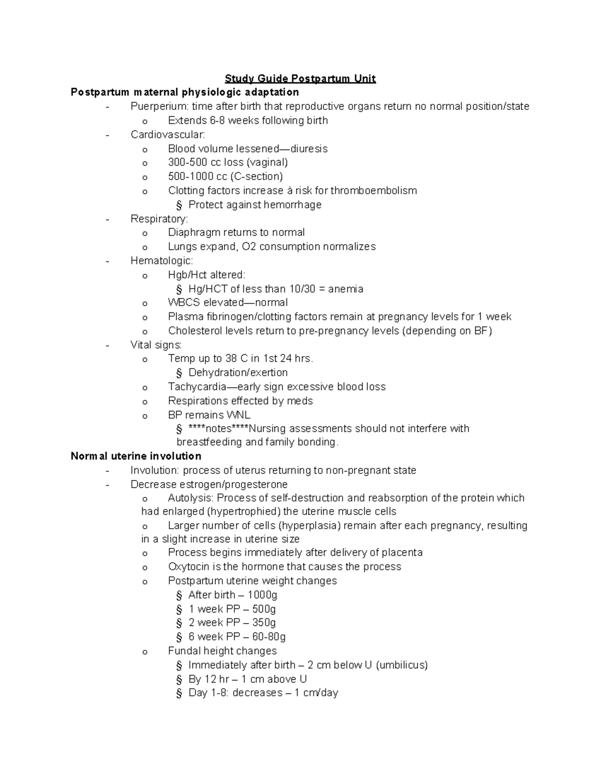 Study Guide Postpartum Unit - OB - Study Guide Postpartum Unit ...