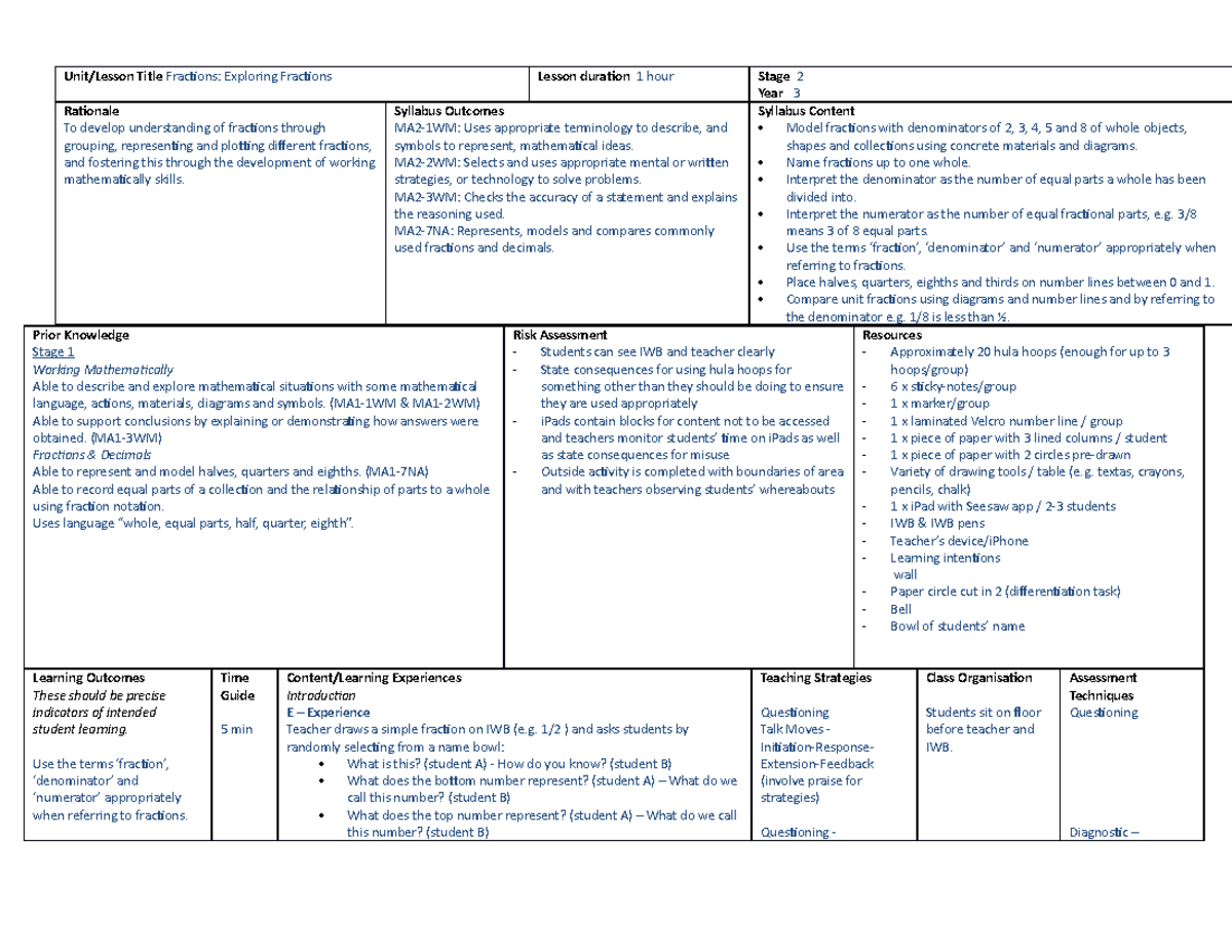Lesson Plan 1 - Assignment 2 - Unit/Lesson Title Fractions: Exploring ...