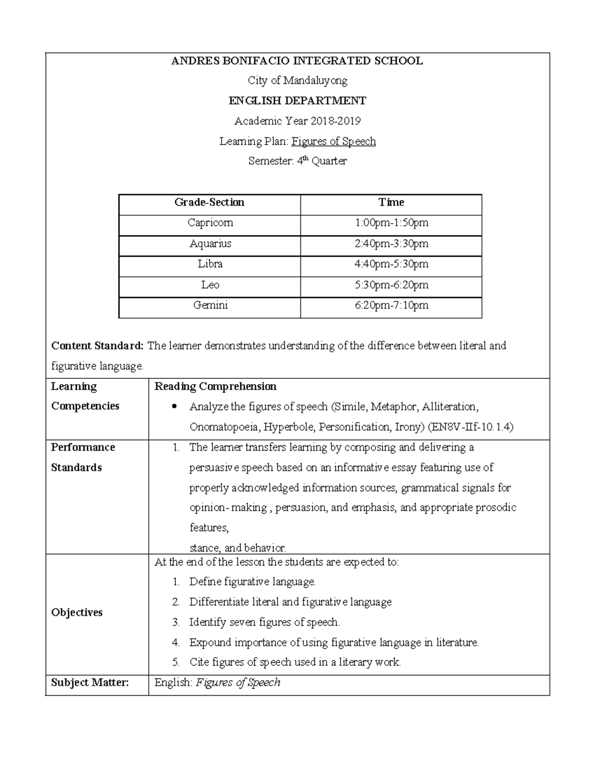 402184898 7 Figures of Speech lesson plan docx - ANDRES BONIFACIO ...