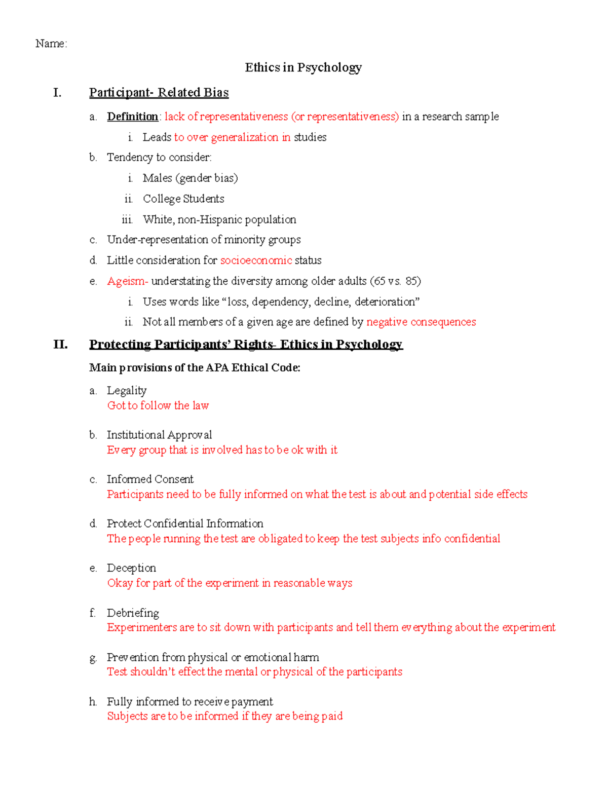Ethics in Psychology- Notes - Name: Ethics in Psychology I. Participant ...