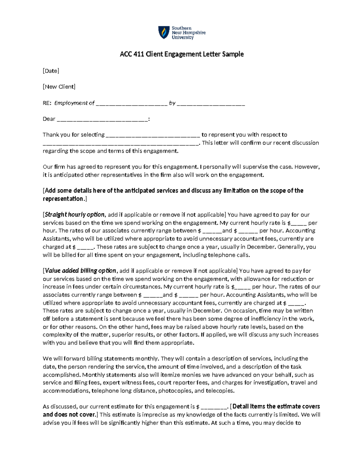 ACC 411 Client Engagement Letter Sample - This letter will confirm our ...