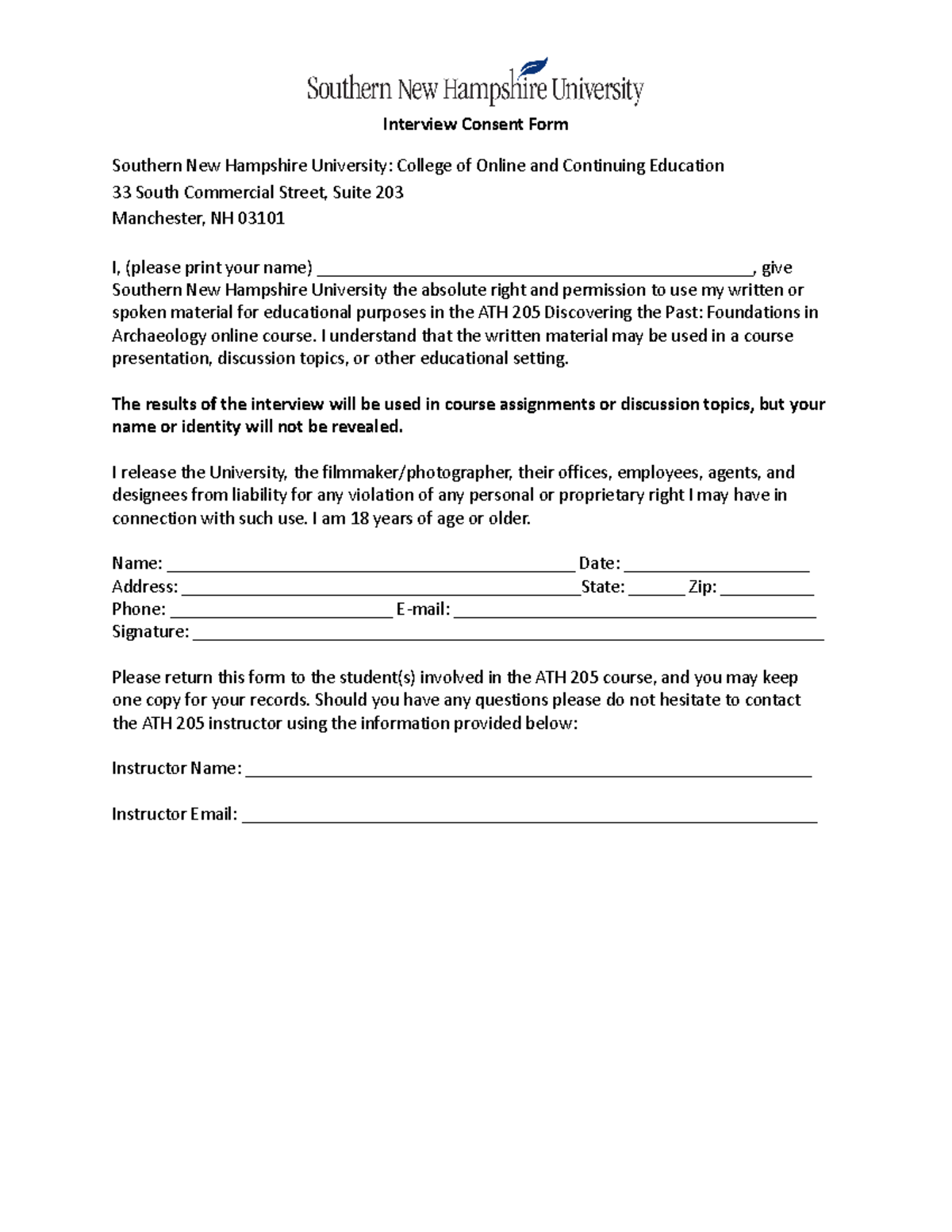 ATH 205 Interview Consent Form - Interview Consent Form Southern New ...