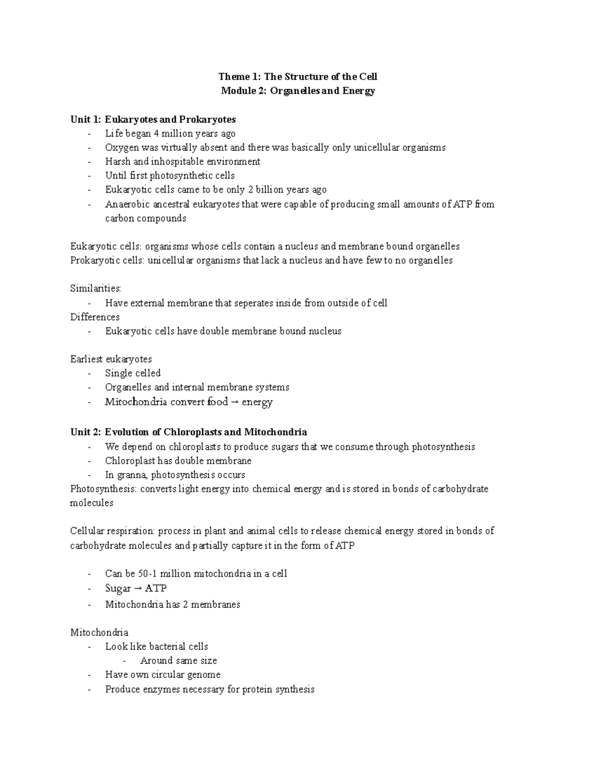 Module 2 - Bio 1A03 lecture notes - Theme 1: The Structure of the Cell ...