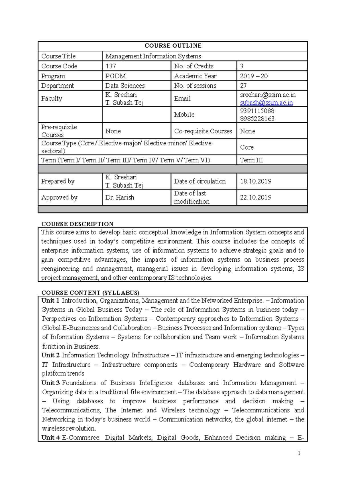 Course Outline MIS 2019-20 - COURSE OUTLINE Course Title Management ...