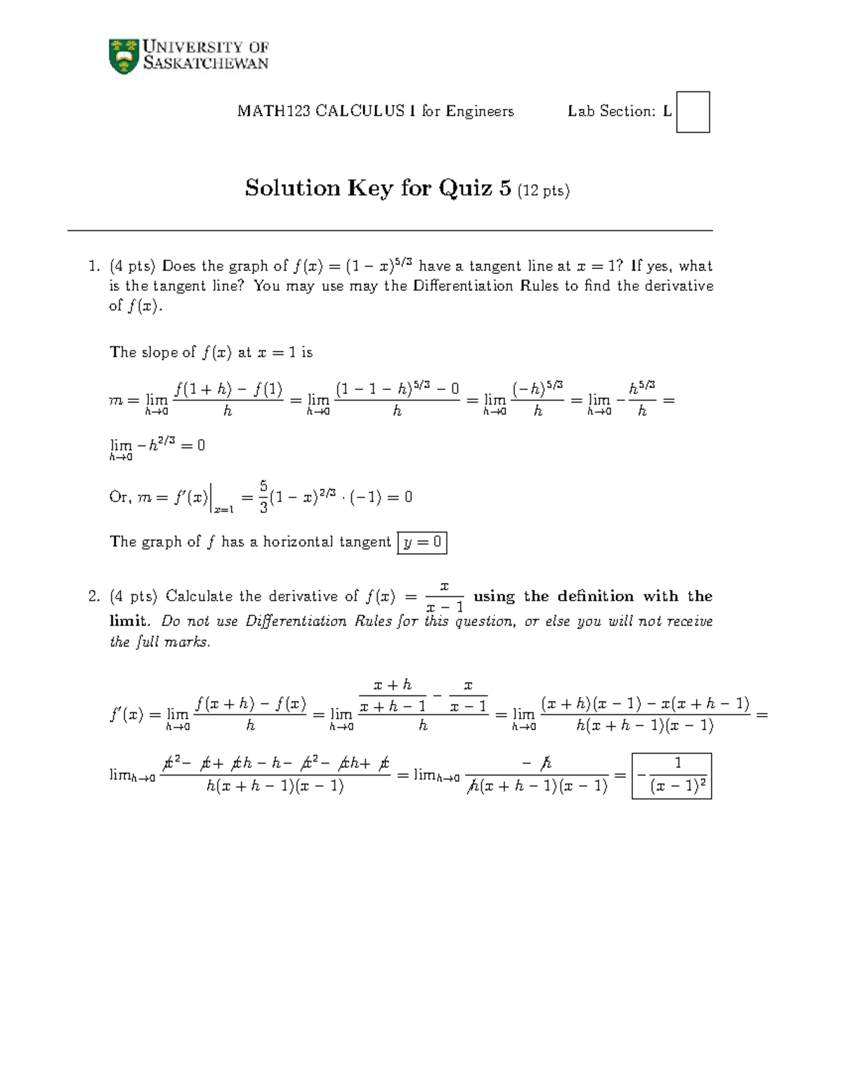 Exam October 2015, Questions And Answers - Quiz 5 - MATH123 CALCULUS I for Engineers Lab Section ...